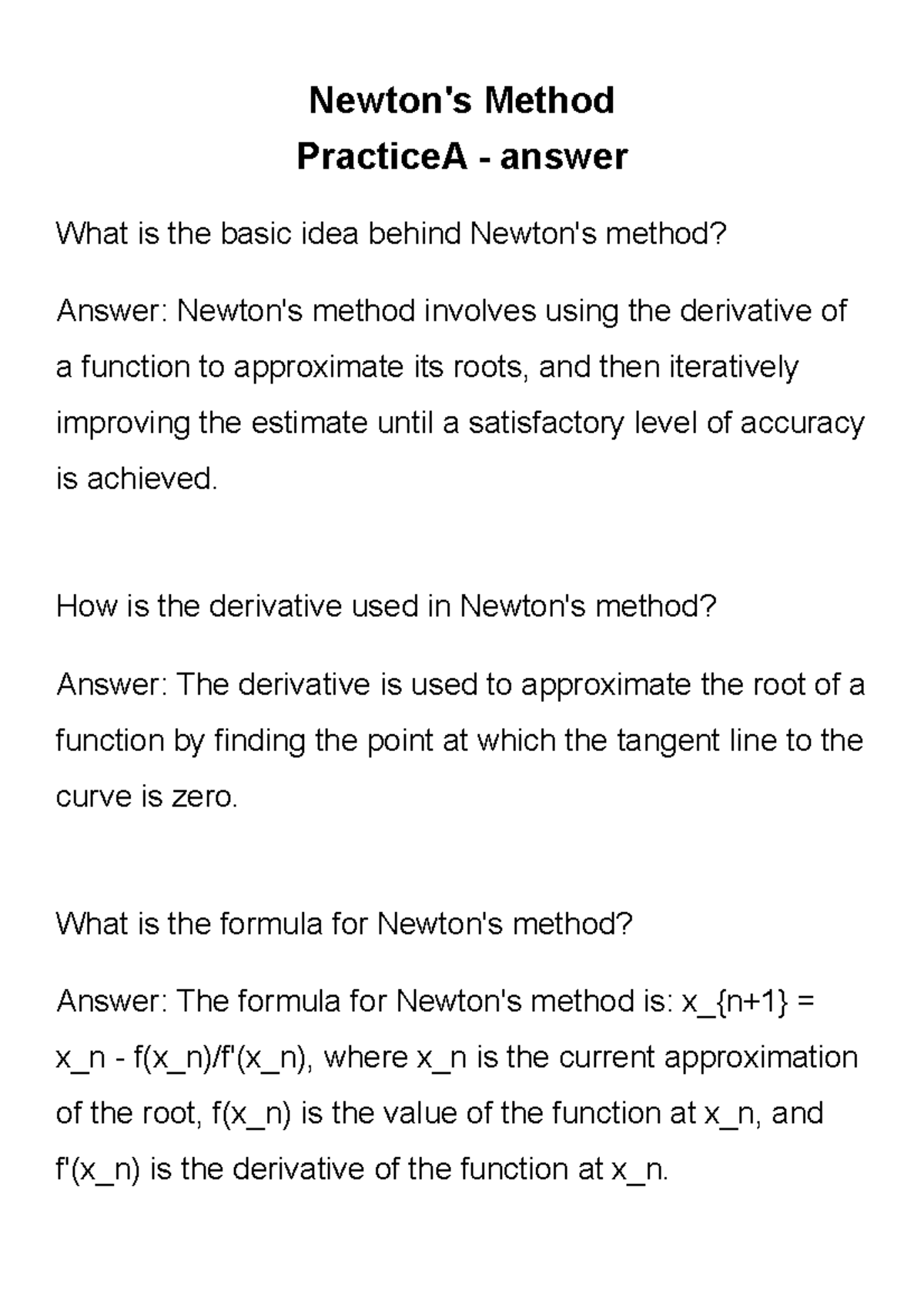 Newton's Method Practice A - answer - Newton's Method PracticeA ...