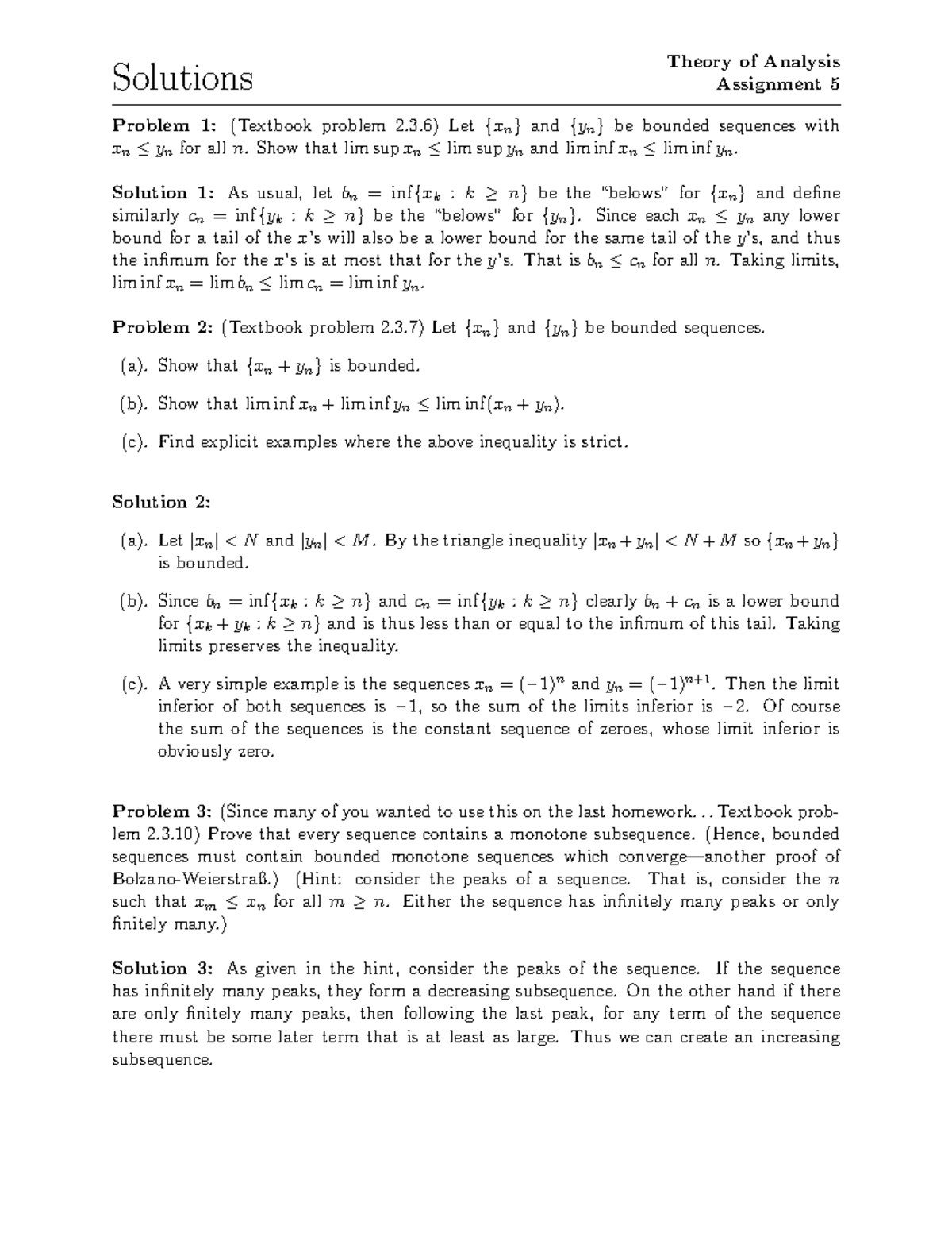 15 Homework 05 Solution - Solutions Theory of Analysis Assignment 5 ...