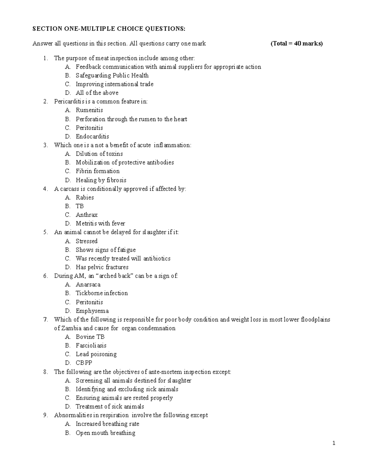 Meat Inspection End of Term Exams 2 - SECTION ONE-MULTIPLE CHOICE ...