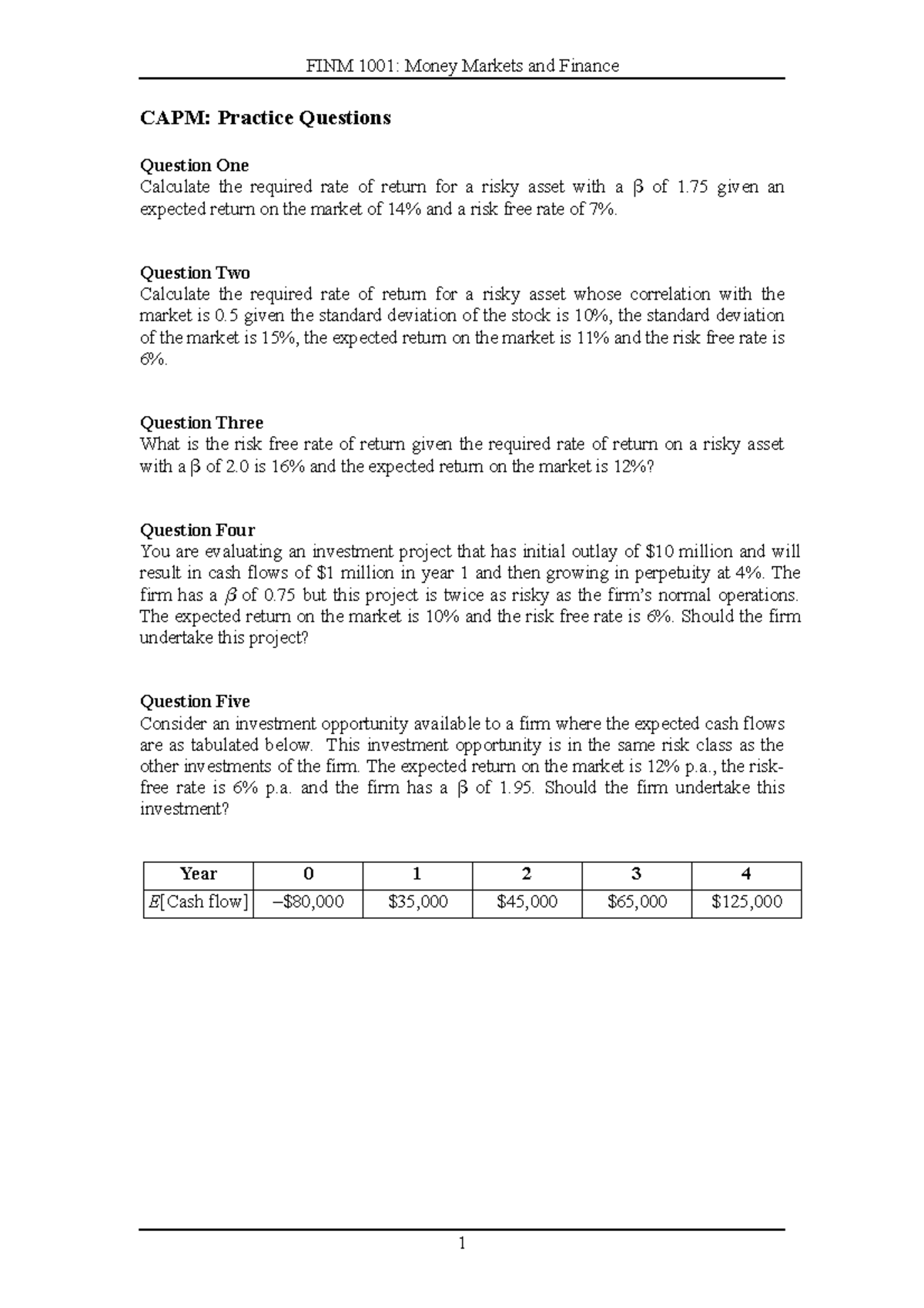 CAPM Practice Questions - FINM 1001: Money Markets and Finance CAPM ...