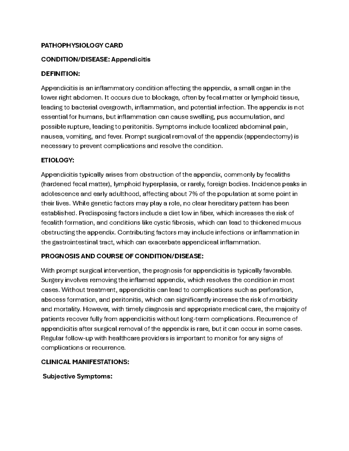 Appendicitis patho and med cards - PATHOPHYSIOLOGY CARD CONDITION ...