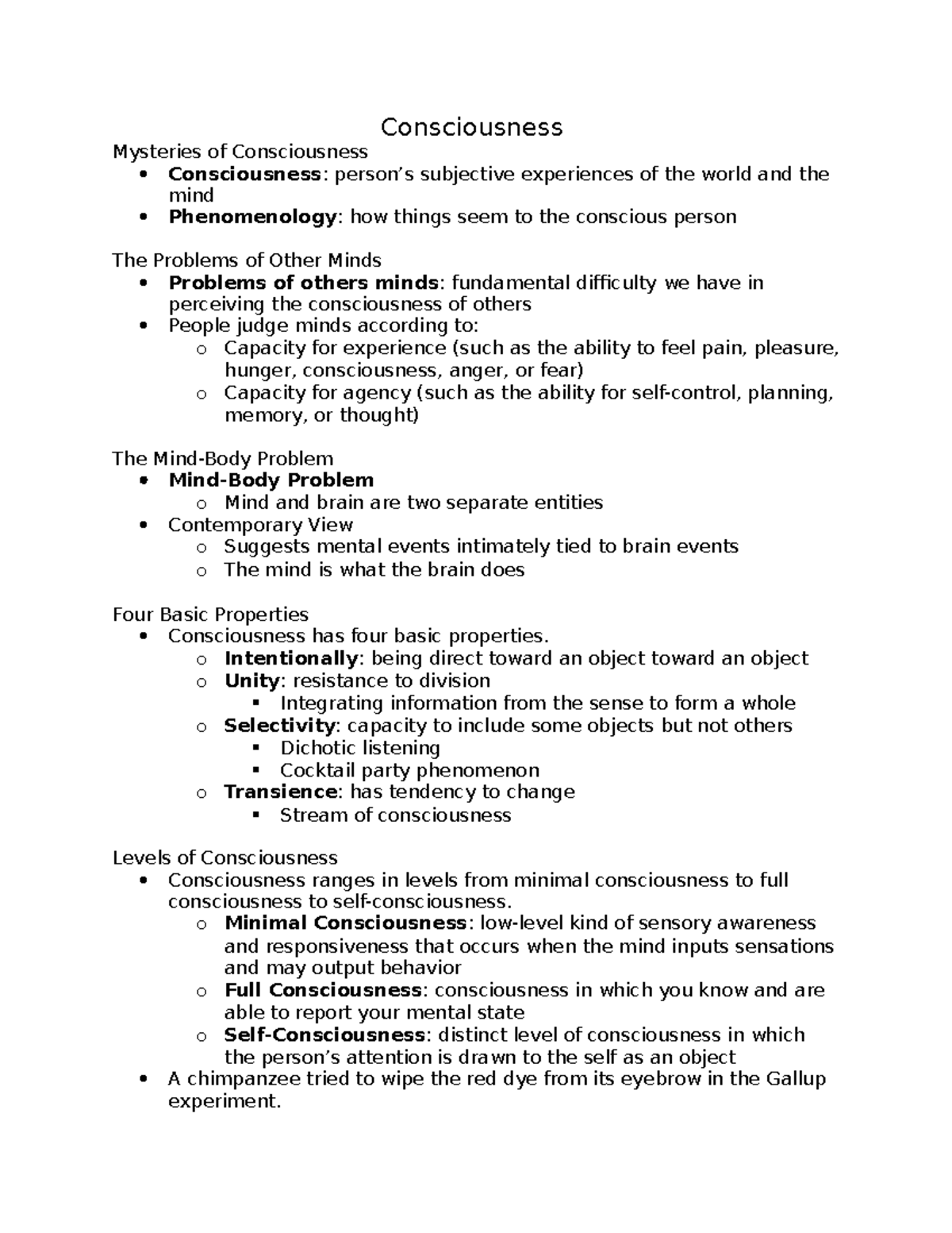 PSYC Consciousness Notes - Consciousness Mysteries of Consciousness ...