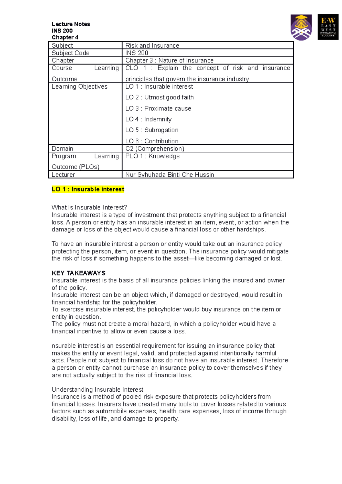Lecture Notes INS 200 ( Chapter 4) - INS 200 Chapter 4 Subject Risk and ...