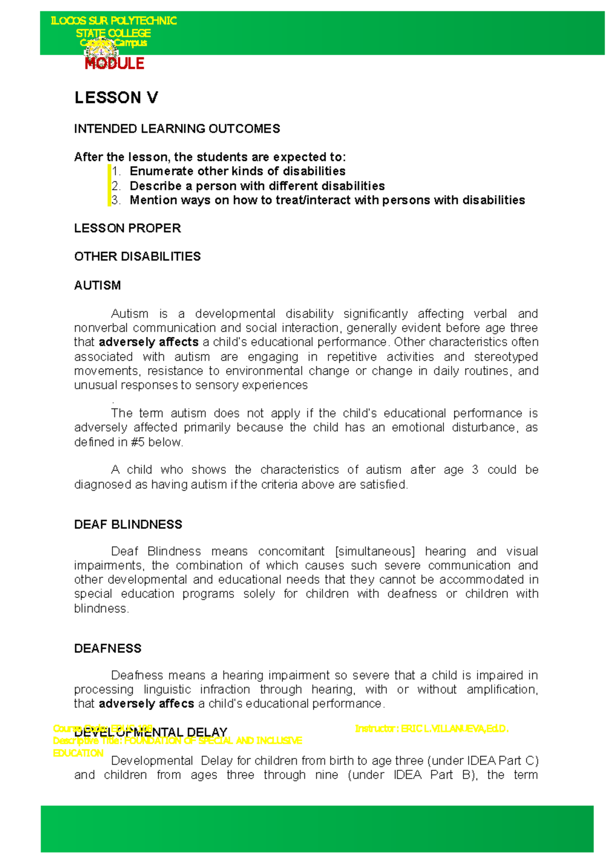EDUC 108 - Module Format Lesson V - LESSON V INTENDED LEARNING OUTCOMES ...