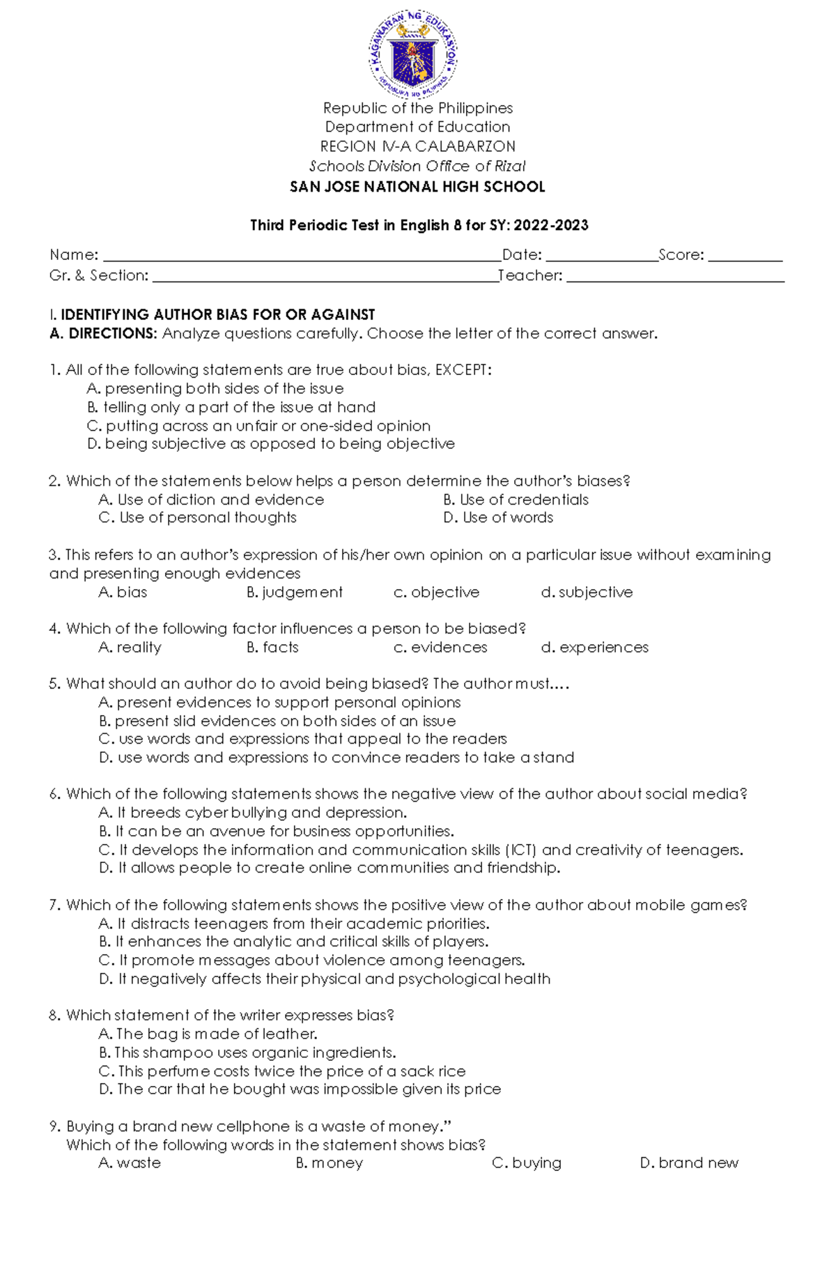 Third- Periodical-TEST - Republic of the Philippines Department of ...