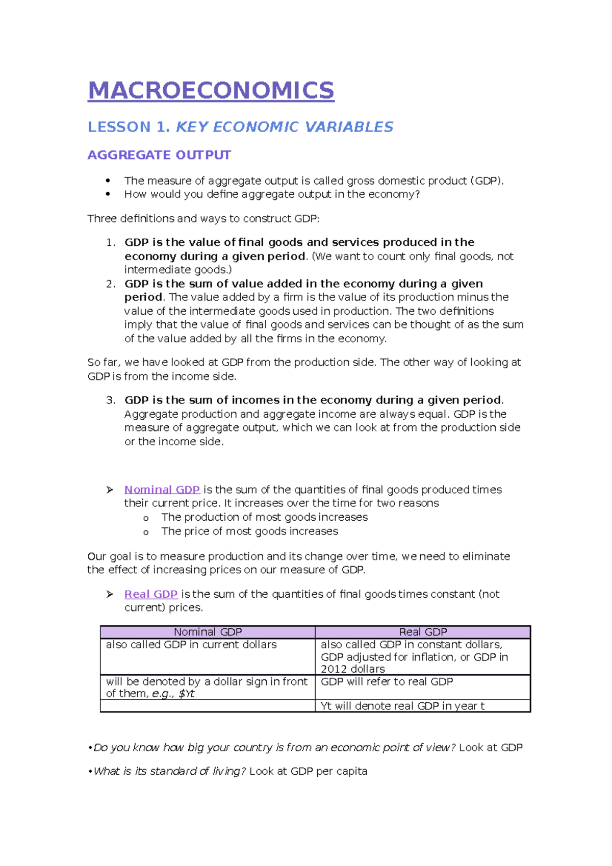 Teoría - MACROECONOMICS LESSON 1. KEY ECONOMIC VARIABLES AGGREGATE ...
