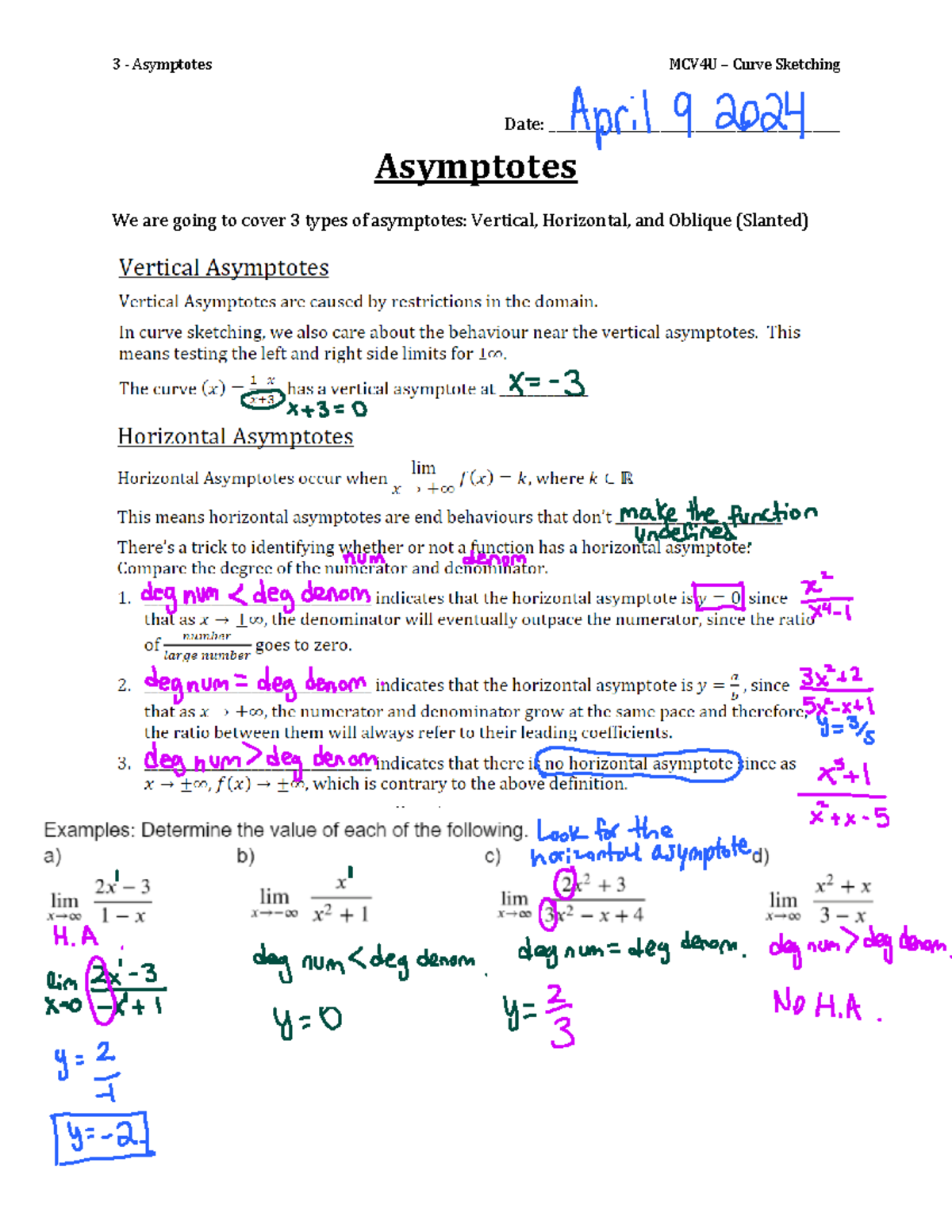 Asymptotes Teacher Work From Class 3 Asymptotes Mcv4u Curve Sketching Page 1 Of 4 Date
