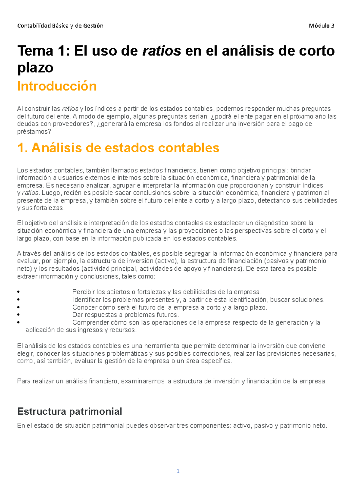 Contabilidad. Modulo 3 - Tema 1: El uso de ratios en el análisis de corto plazo Introducción Al ...