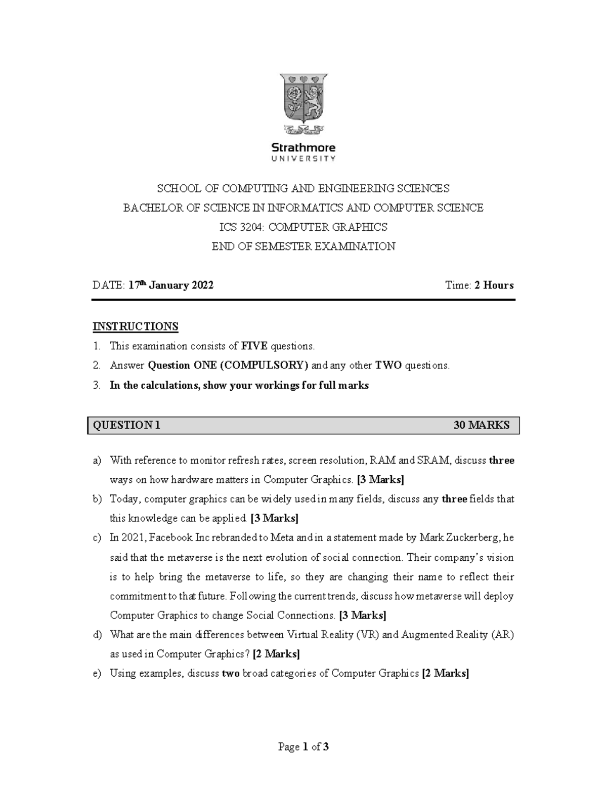 Ics 3204 Computer Graphics January 2022 Page 1 Of 3 School Of