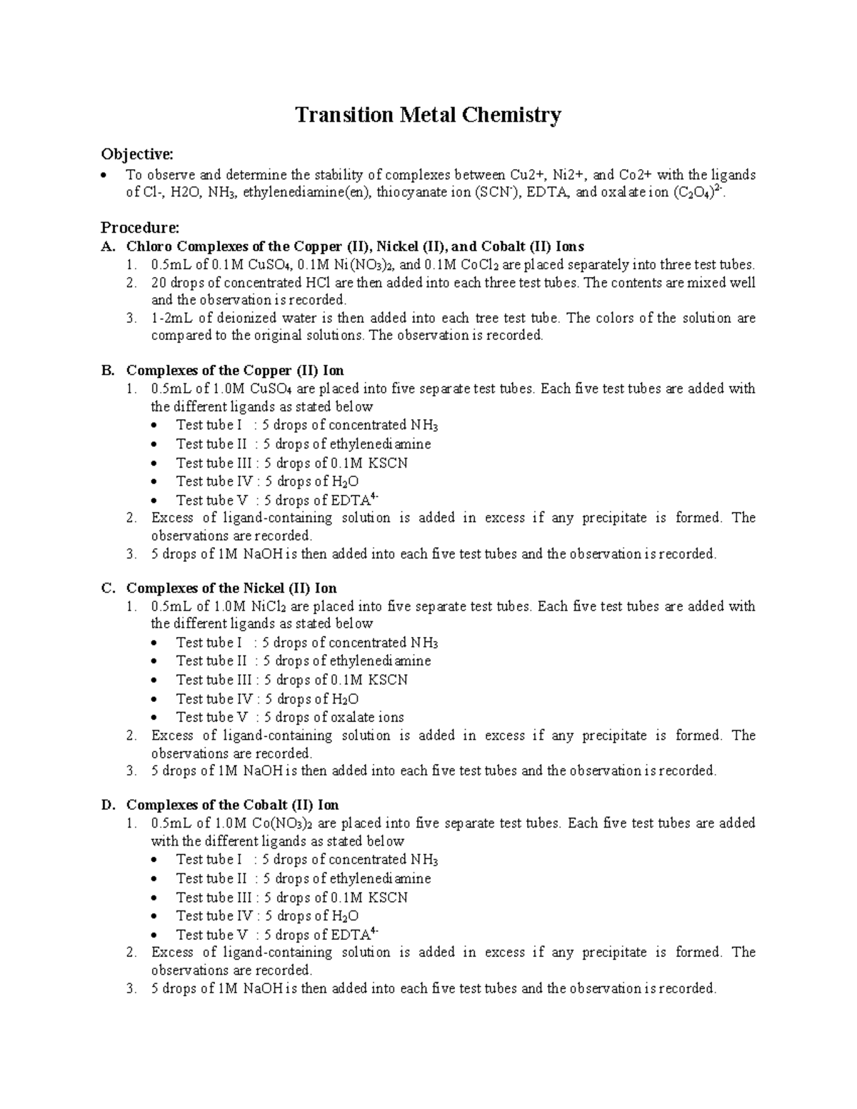 Experiment 8 transition metal chemistry - Transition Metal Chemistry ...
