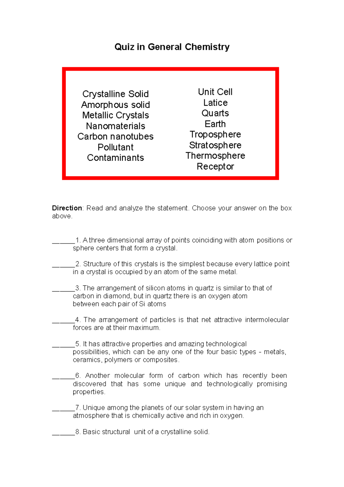 Practice Test in General Chemistry 1 - Quiz in General Chemistry ...