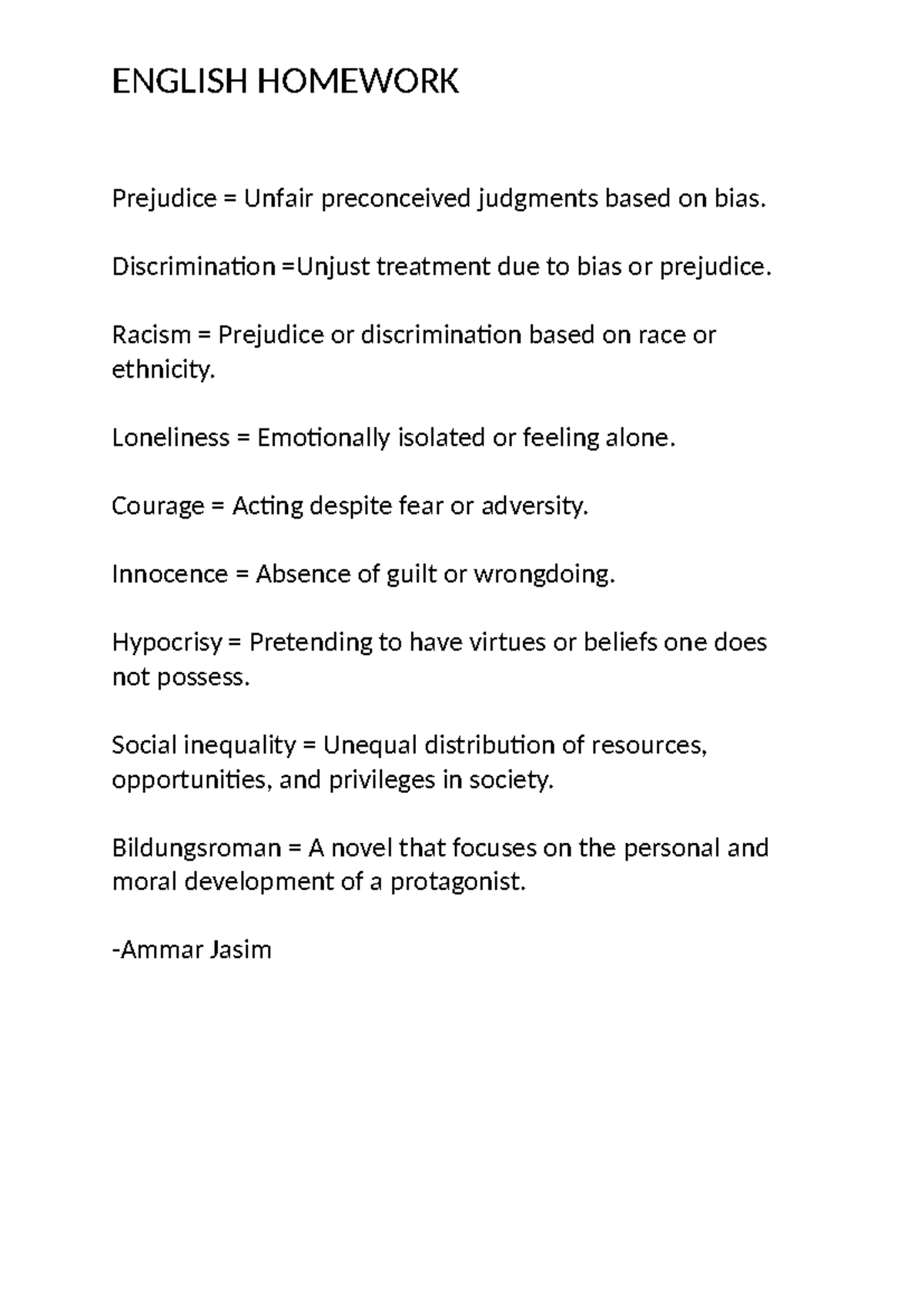 English homework section c - ENGLISH HOMEWORK Prejudice = Unfair ...