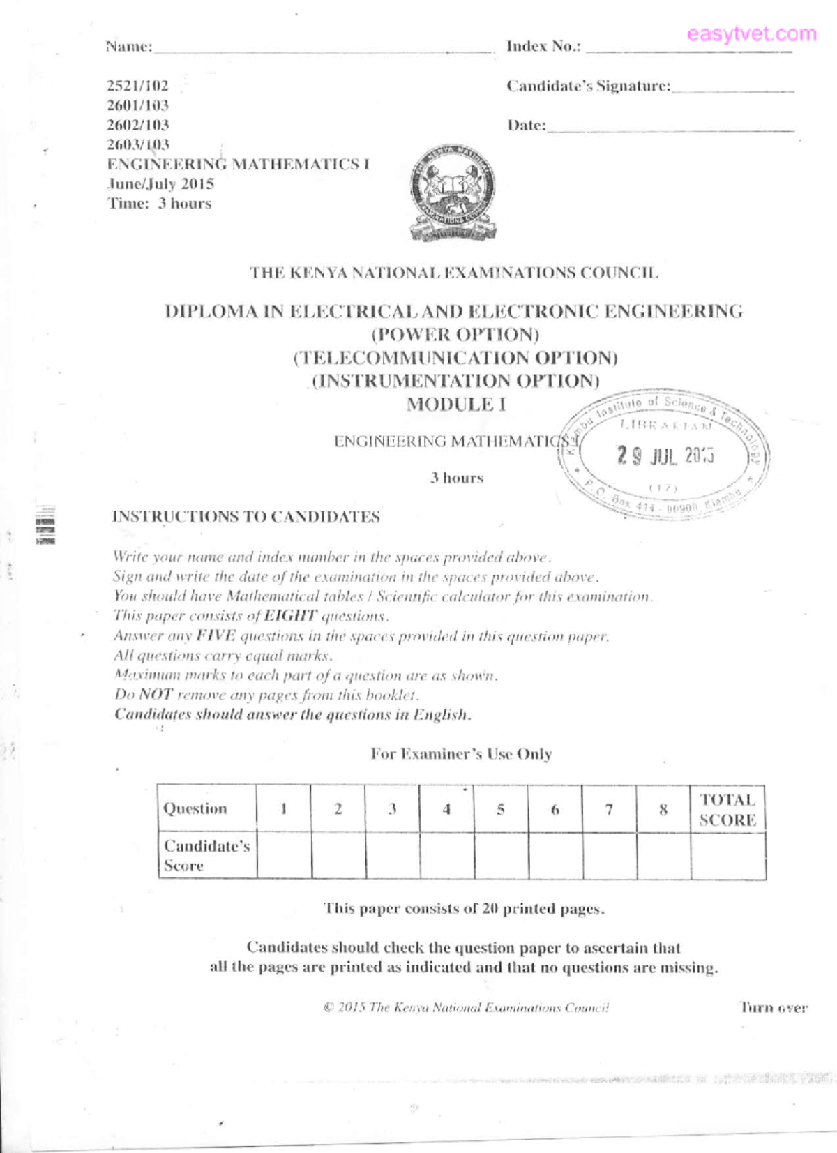 July2015 - It's a revision past paper - Diploma in Electrical and ...