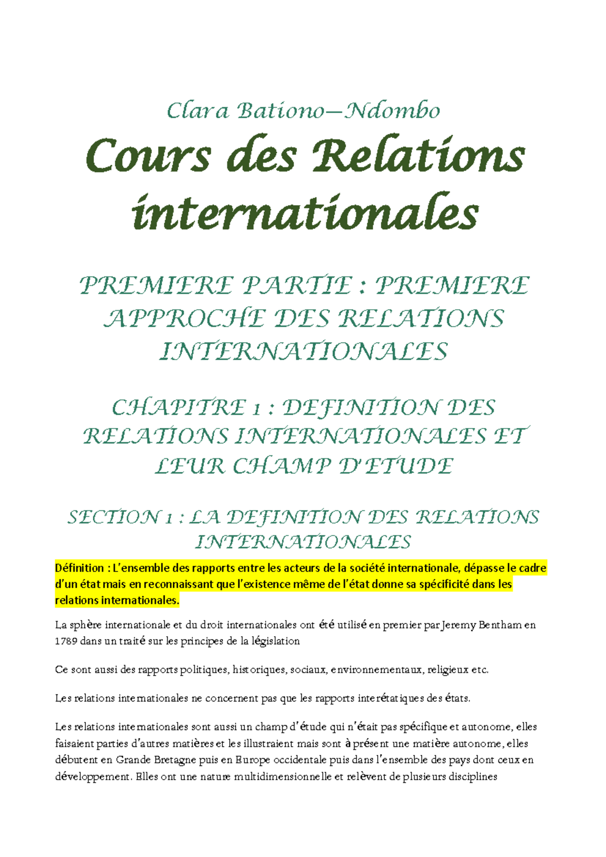 Les Relations internationales - Clara Bationo—Ndombo Cours des Relations internationales ...