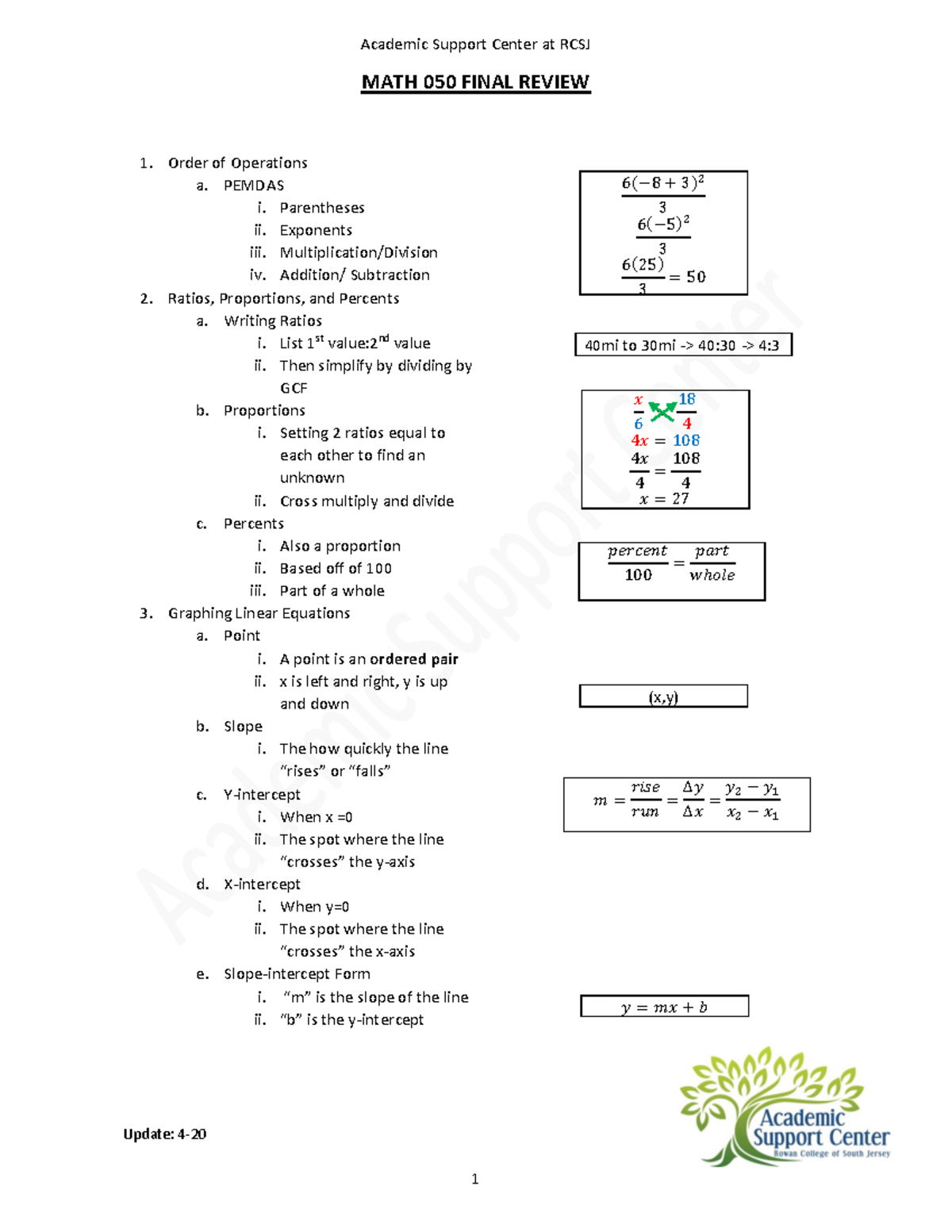 Final Review - need help - MATH 050 FINAL REVIEW Update: 4- 20 1. Order ...