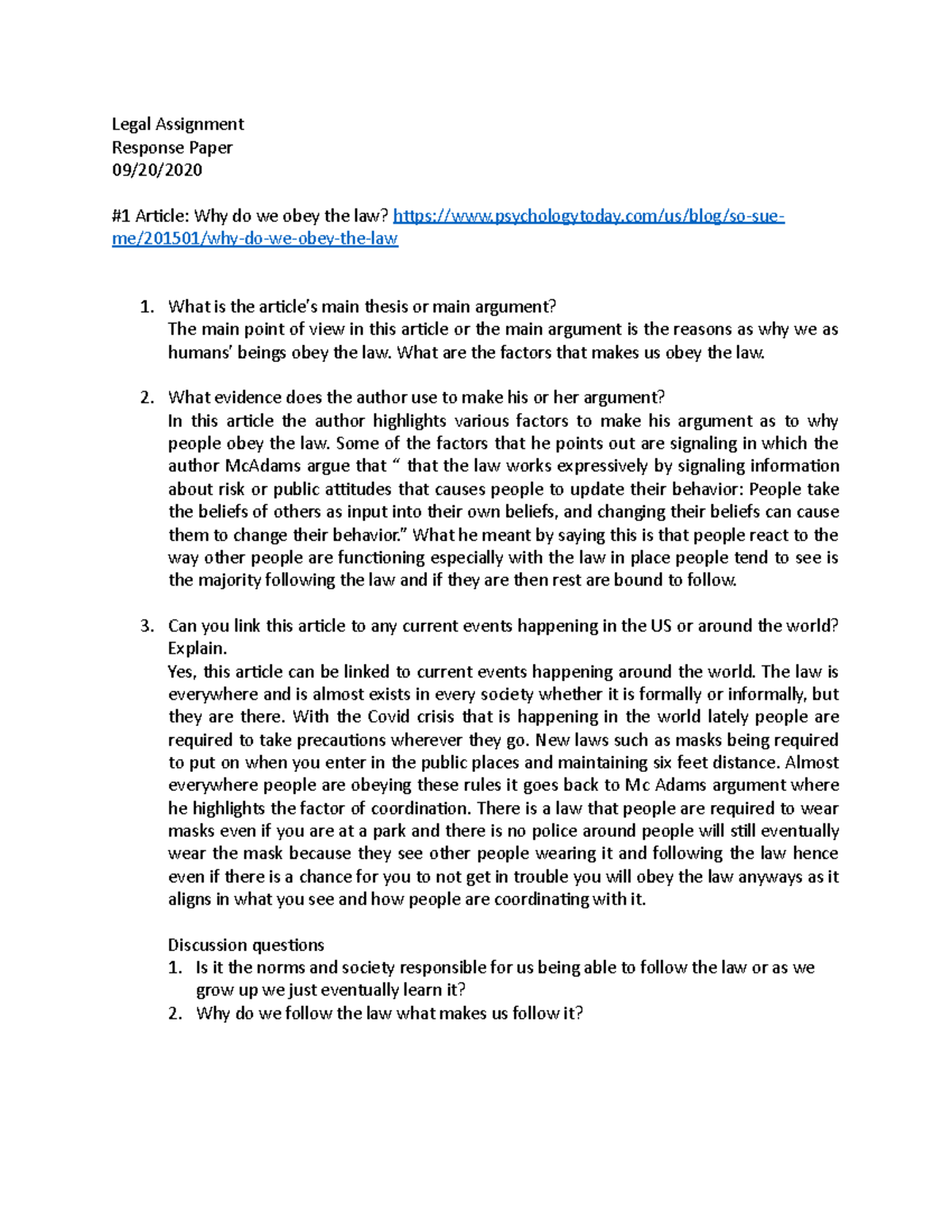 Legal response paper 2 - 10% of your grade - Legal Assignment Response ...