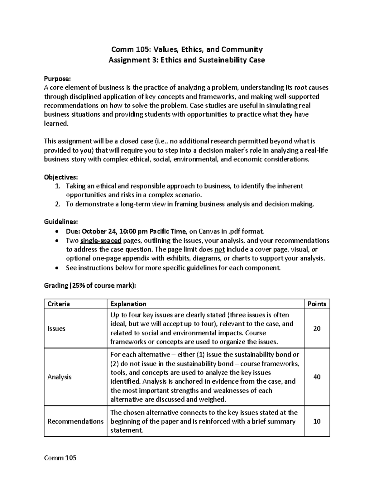 C105 E&S Case Assignment Outline - Comm 1 05 : Values, Ethics, and ...
