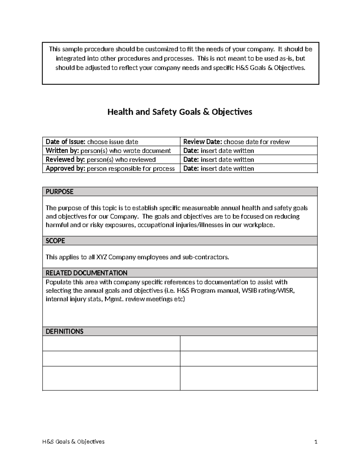 Health & Safety Objectives - Health and Safety Goals & Objectives Date ...
