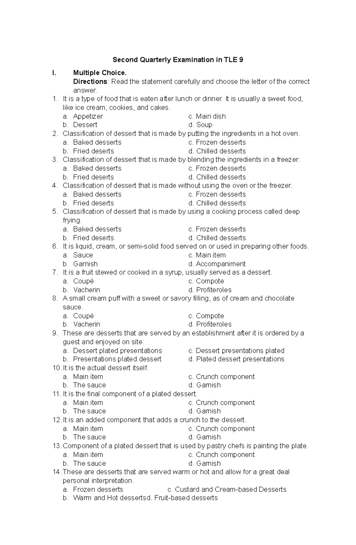 Second Quarterly Examination IN TLE 9 - Multiple Choice. Directions ...