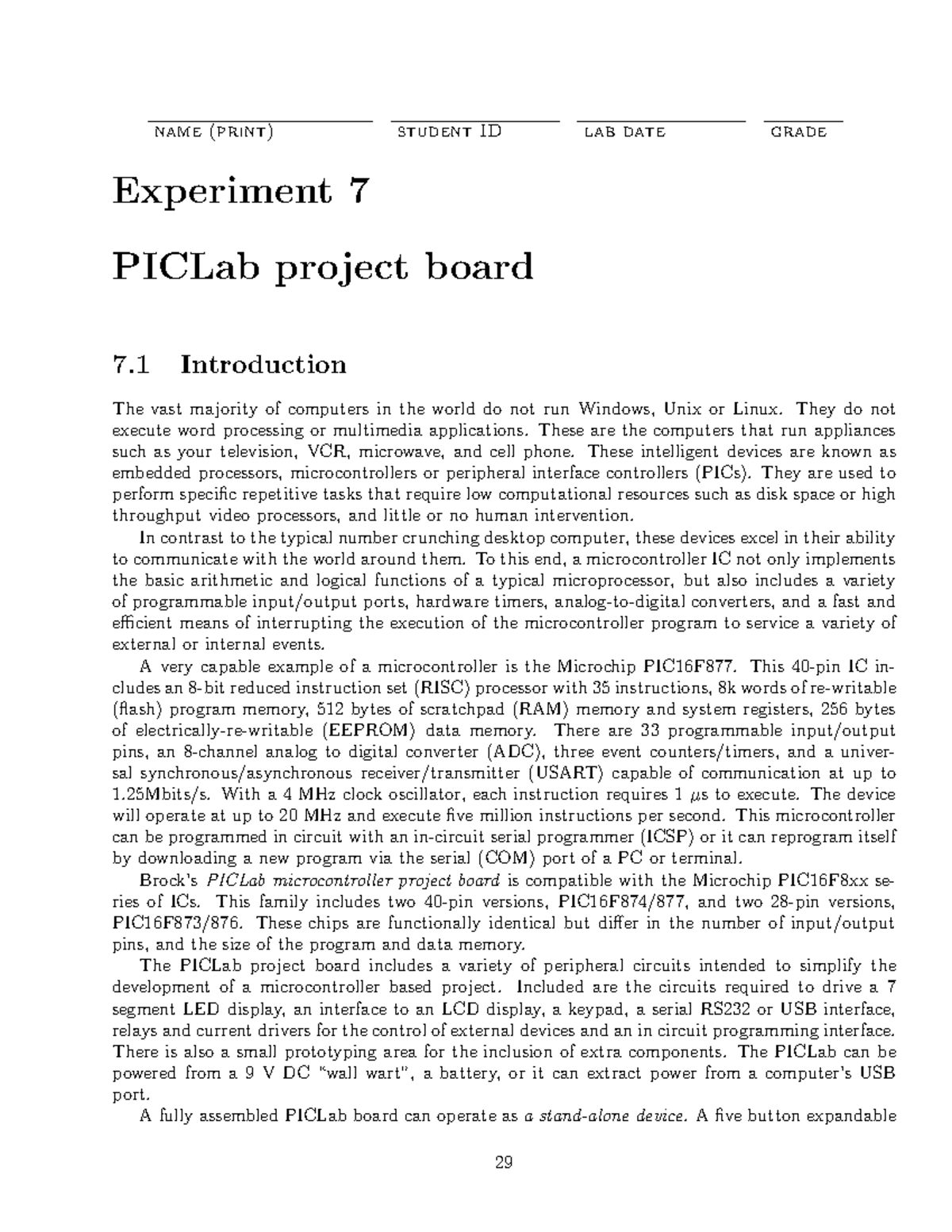 Experiment 8 PICLab programming - name (print) student ID lab date ...