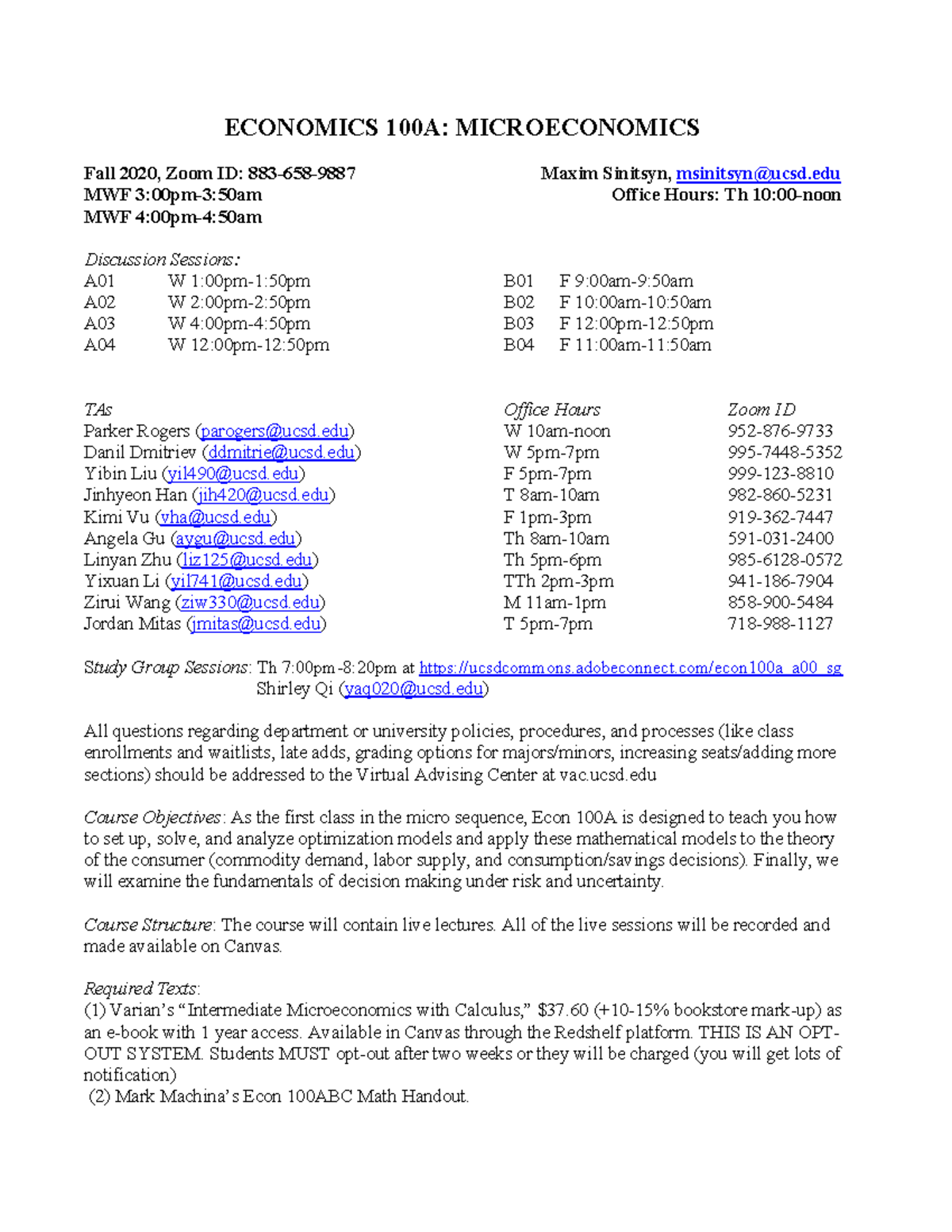 Econ 100a syllabus - ECONOMICS 100A: MICROECONOMICS Fall 2020, Zoom ID ...