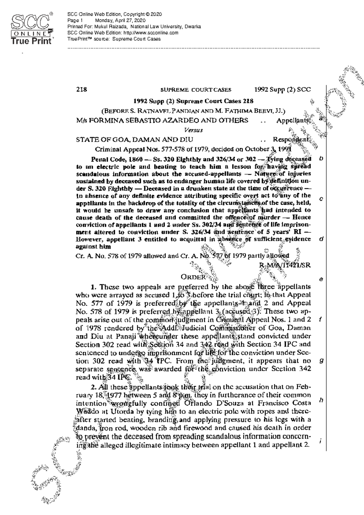 TP Formina Sebasto v. State of Goa 1992 supp 2 scc 218 221 - TruePrint ...