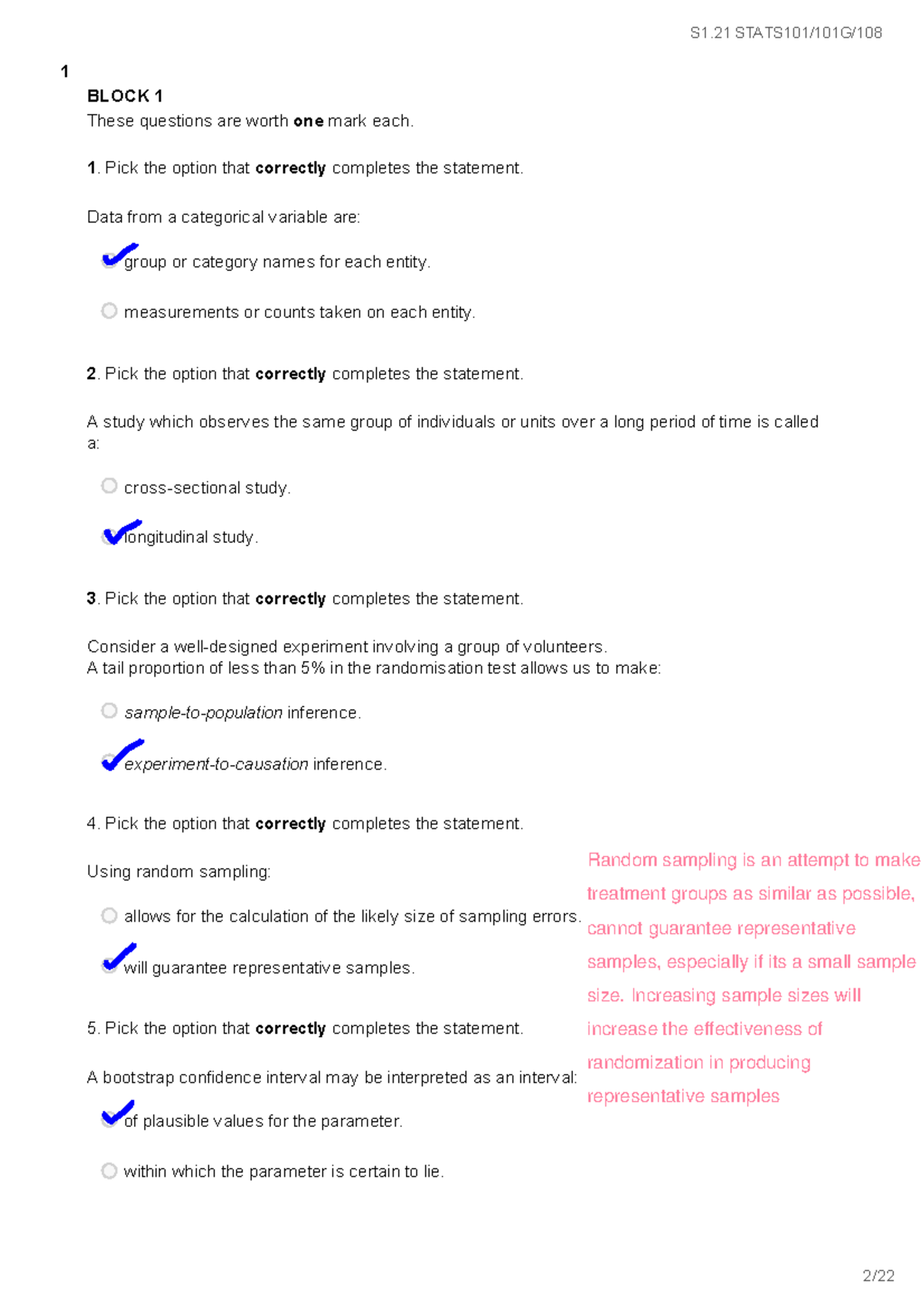 S121 Exam - Past exam paper 2021 sem 1 - S1 STATS101/101G/ 1 BLOCK 1 These questions are worth ...