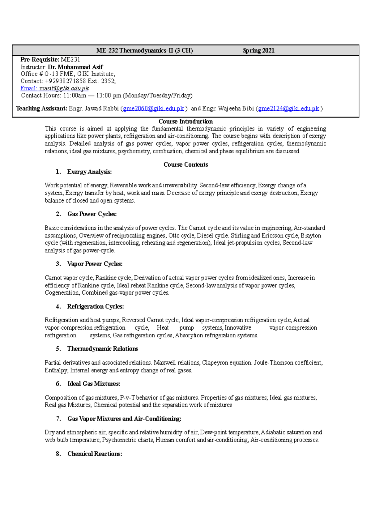 ME-232 Thermodyanmic-2 (Spring 2021) - ME-232 Thermodynamics-II (3 CH ...