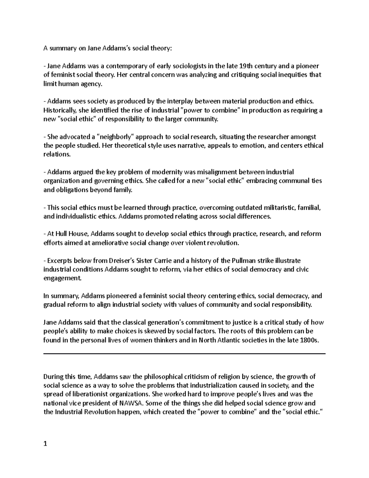 BB Unit IV Adams - Jane Addams theory - A summary on Jane Addams's ...