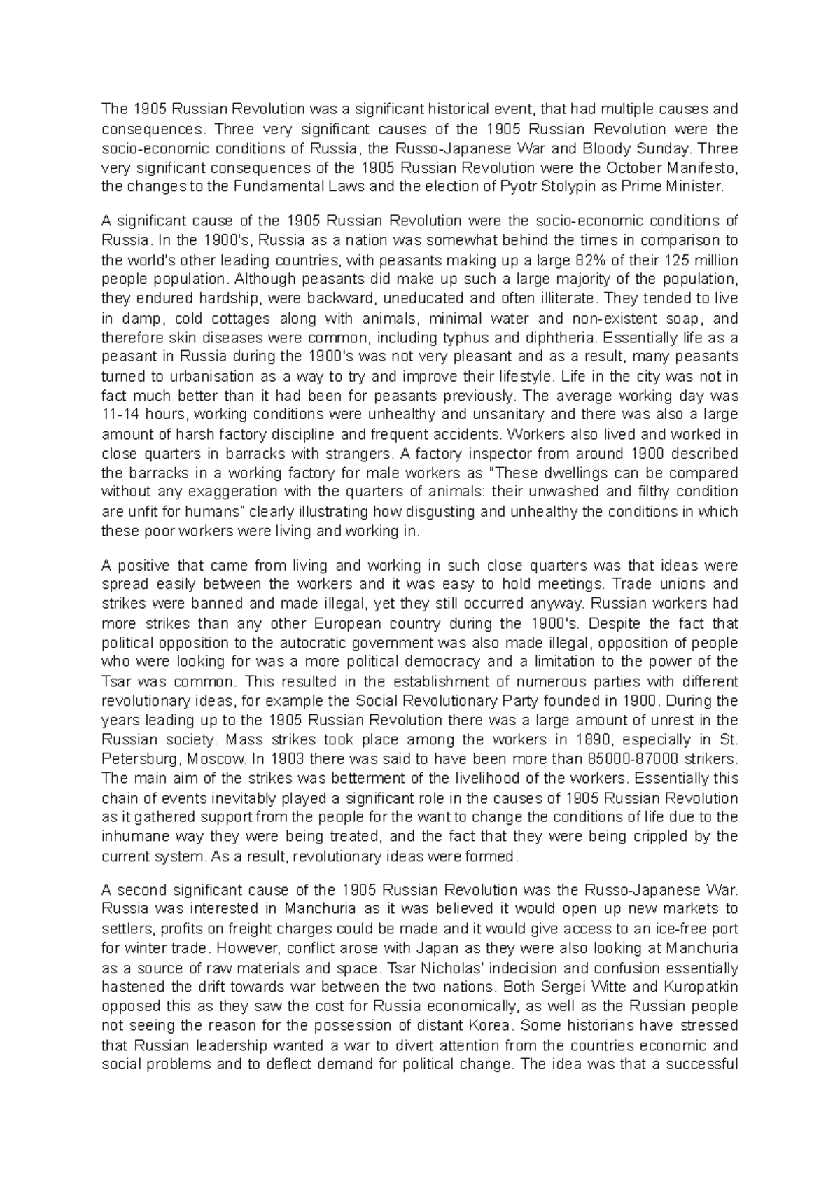 The 1905 Russian Revolution - Three very significant causes of the 1905 ...