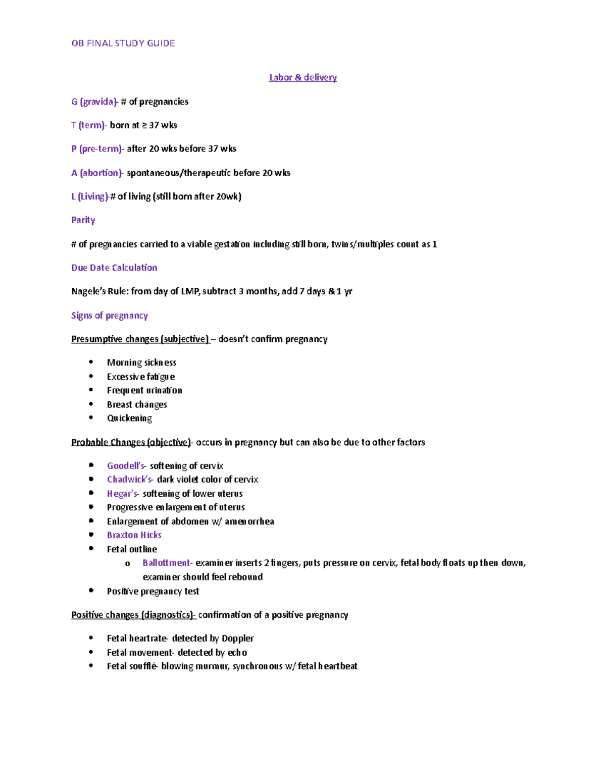 OB final guide - Labor & delivery G (gravida)- # of pregnancies T (term ...