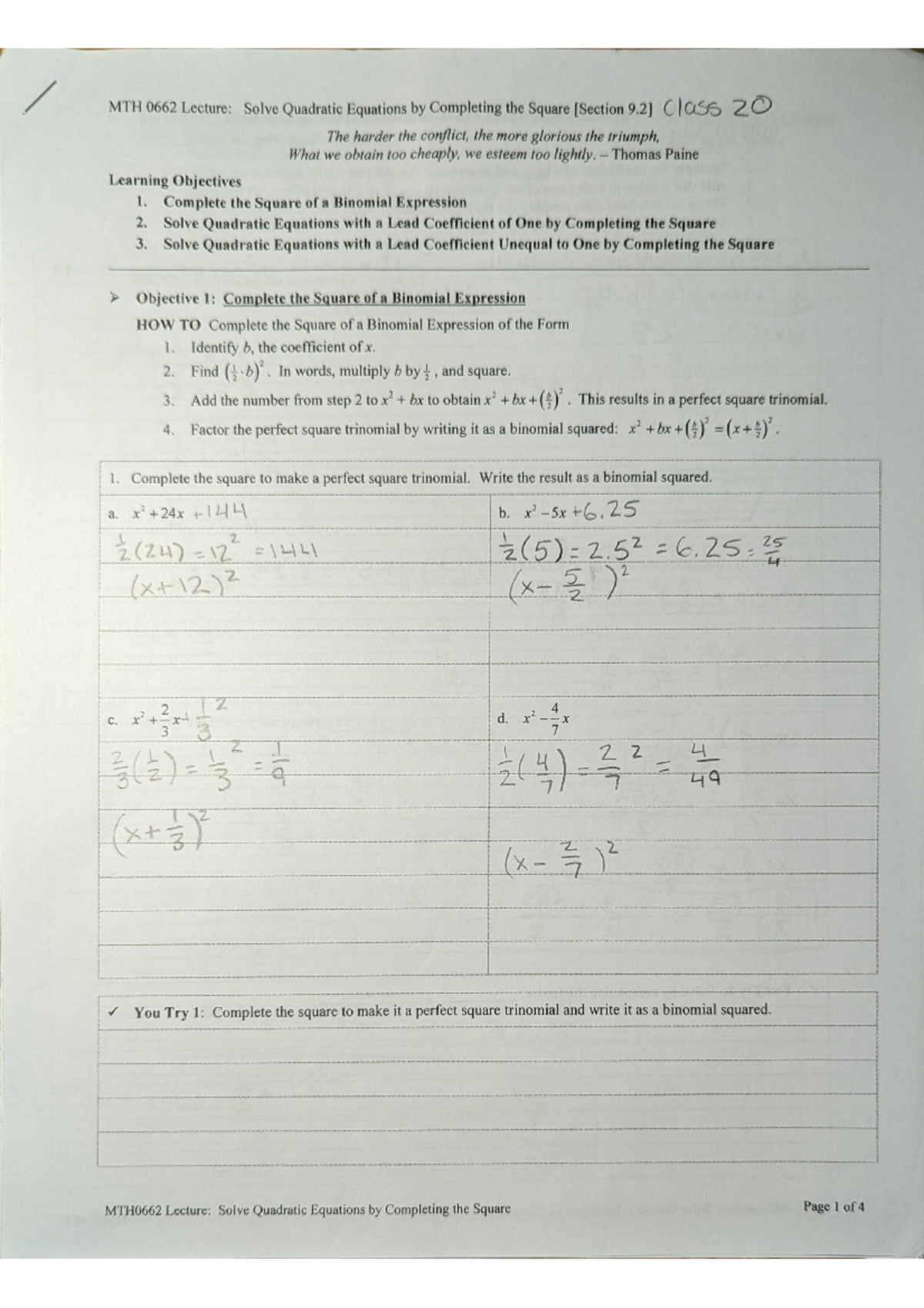 Solve Quadratic Complete The Square - MTH 1825 - Studocu