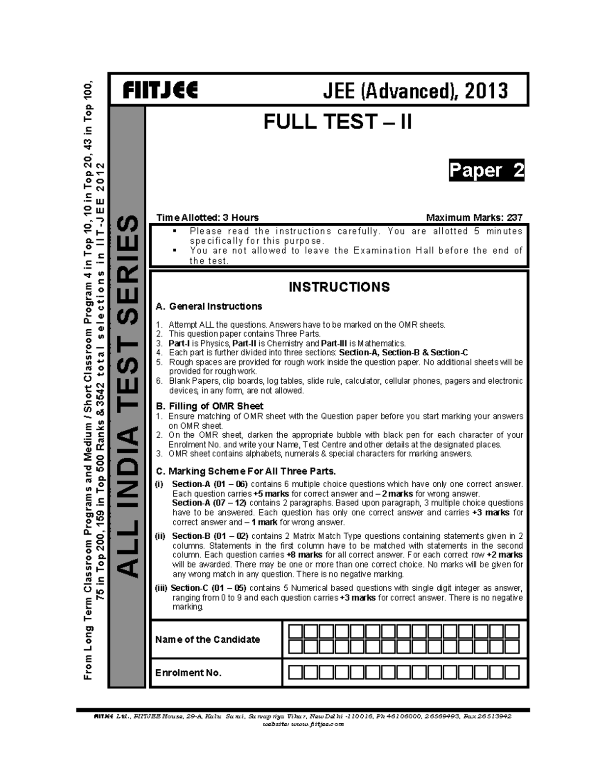 AITS 2013 FT II JEEA P 2 - JEE practice - FIITJEE Ltd., FIITJEE House ...