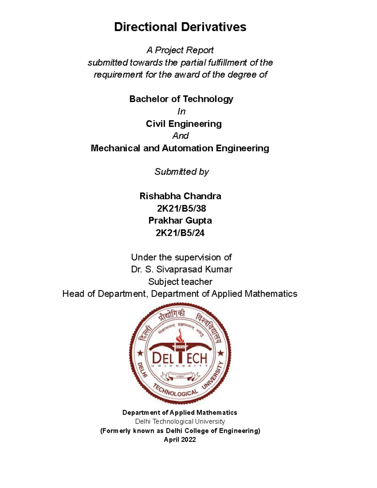 Applied Mathematics Project Report - Directional Derivatives A Project ...