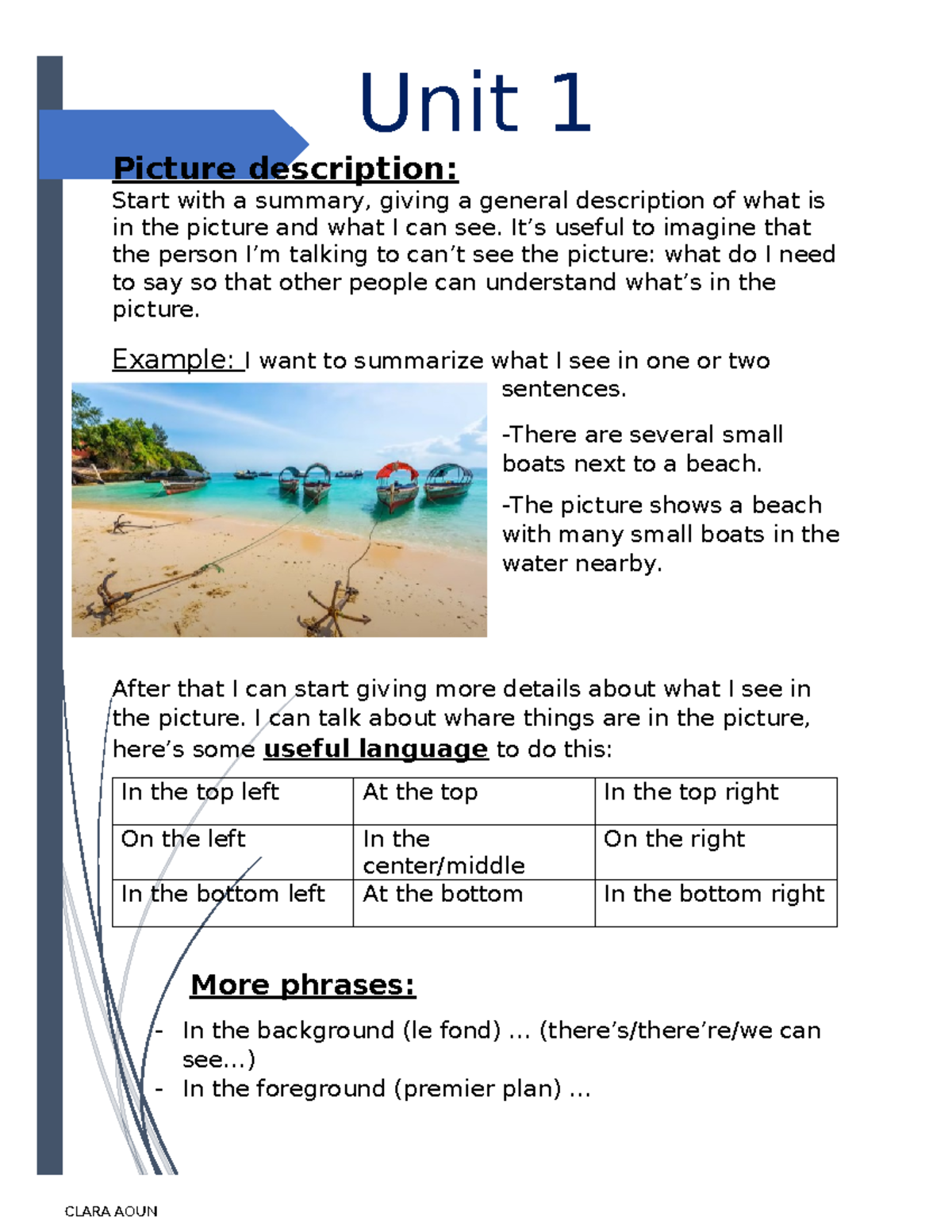 Unit 1 (picture description) - Unit 1 Picture description: Start with a ...