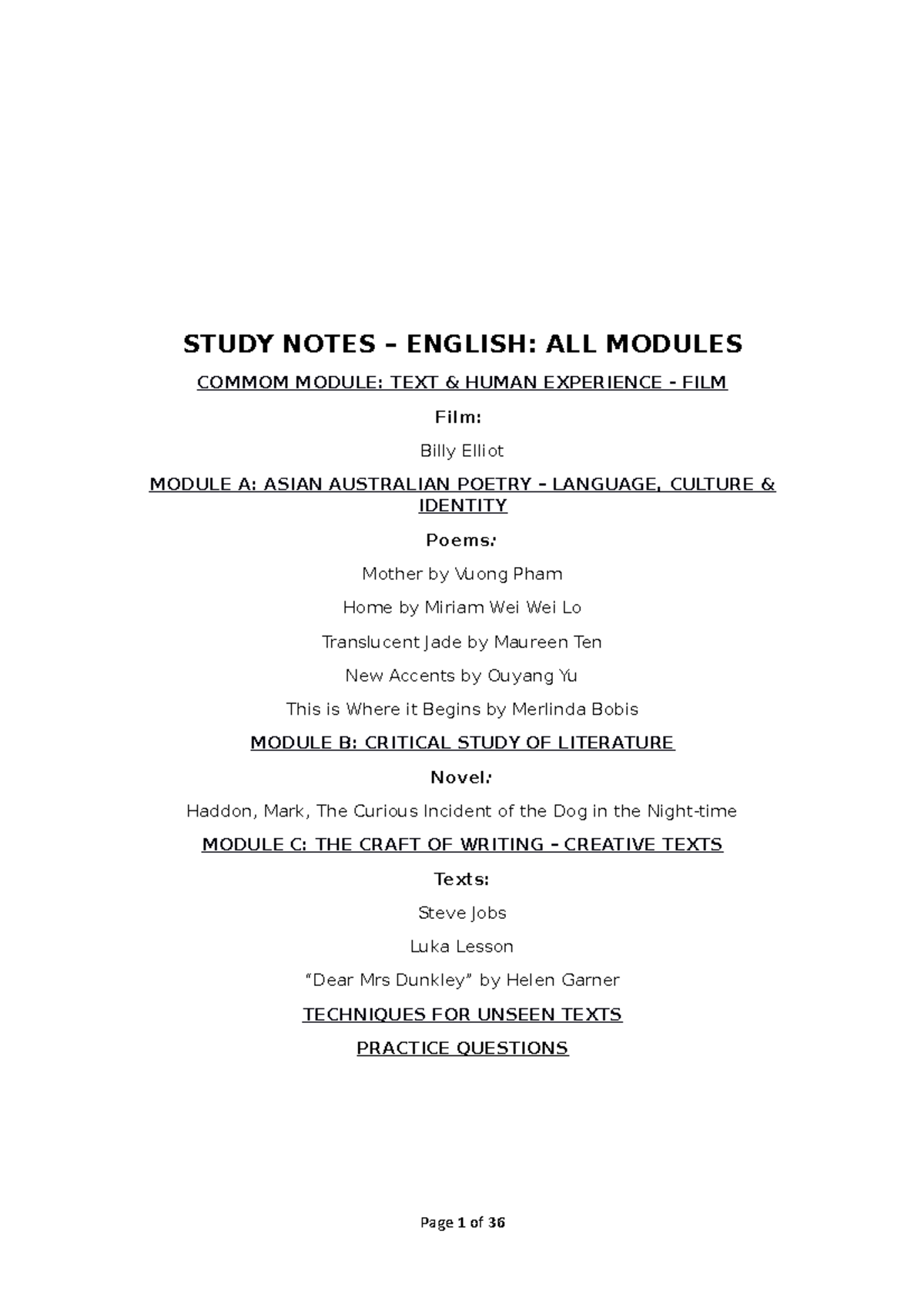 Study Notes - English - STUDY NOTES – ENGLISH: ALL MODULES COMMOM ...