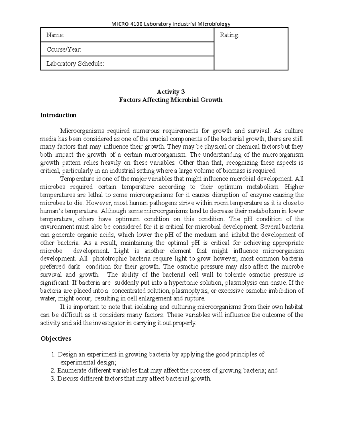 Activity 3 - Factors Affecting Microbial Growth - MICRO 4100 Laboratory ...