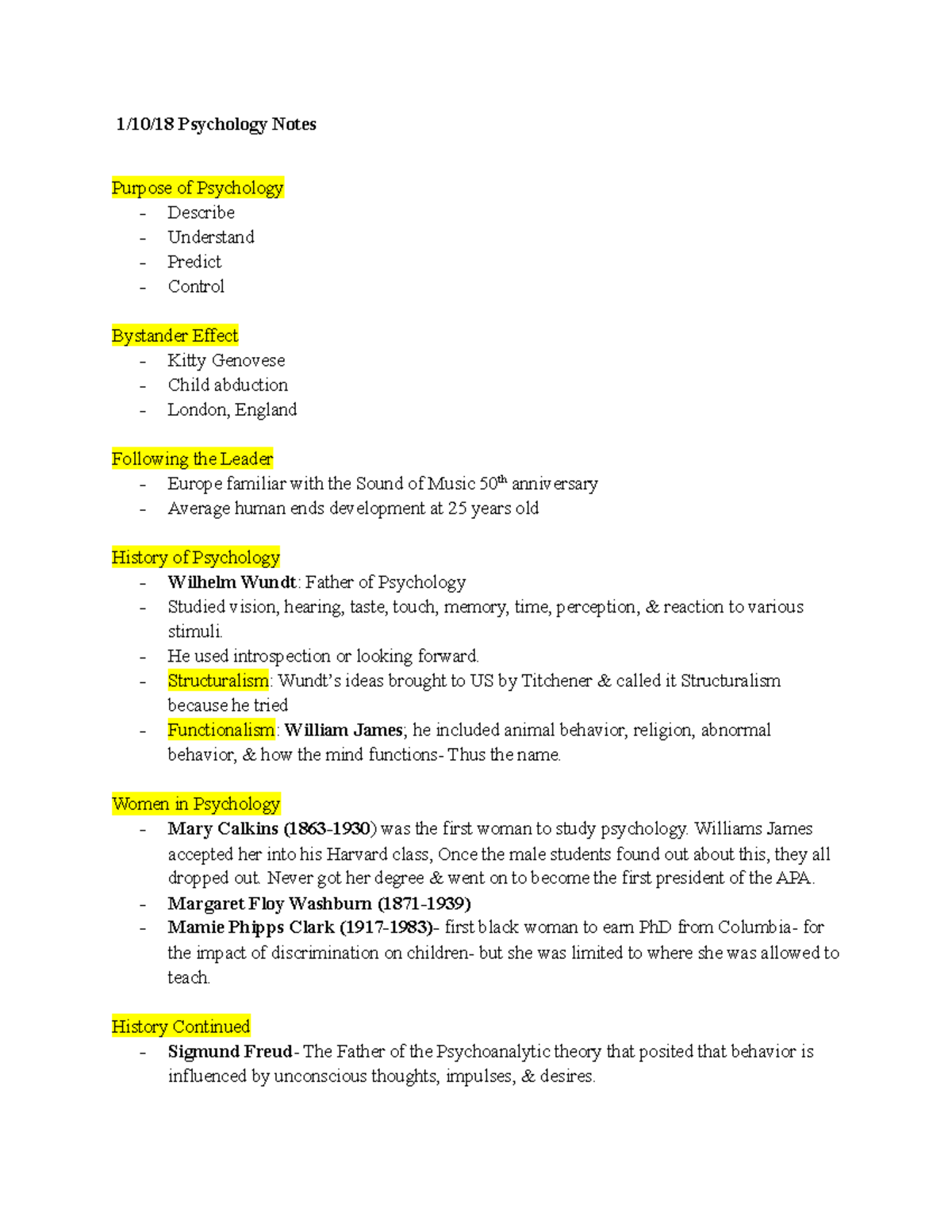 Psych Notes Previous - 1/10/18 Psychology Notes Purpose of Psychology ...