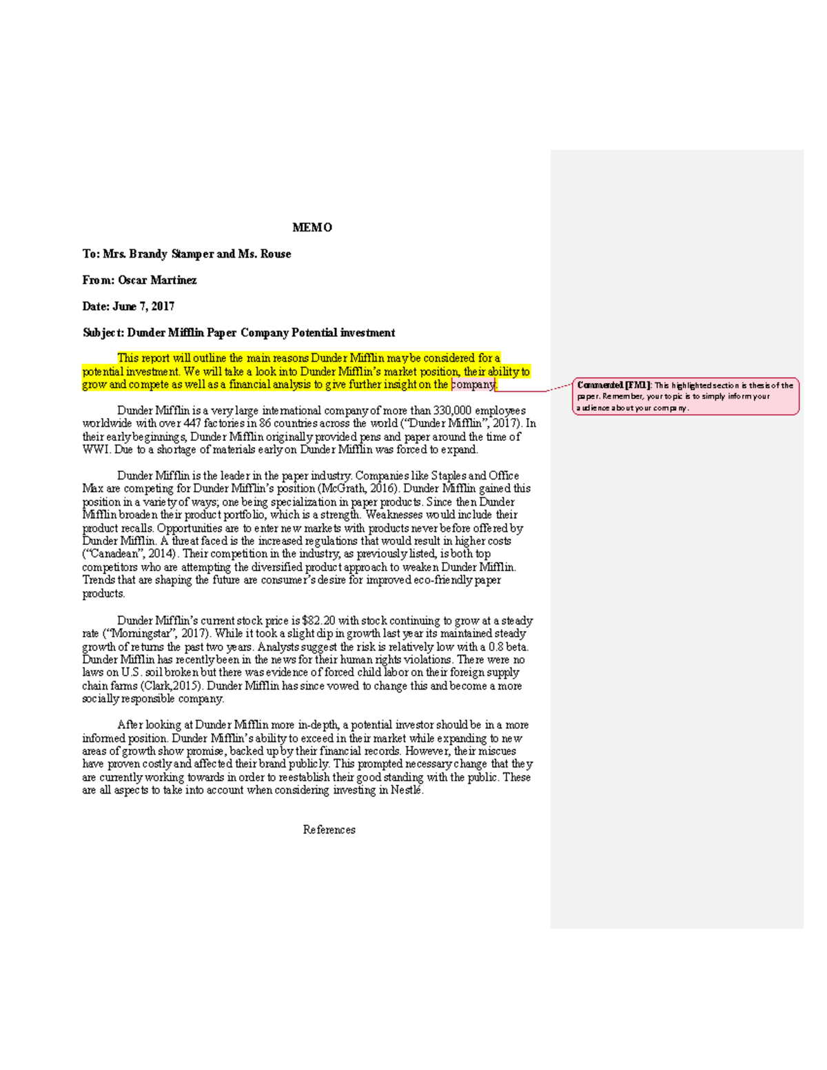 MEMO example - Grade: 8 - MEMO To: Mrs. Brandy Stamper and Ms. Rouse ...