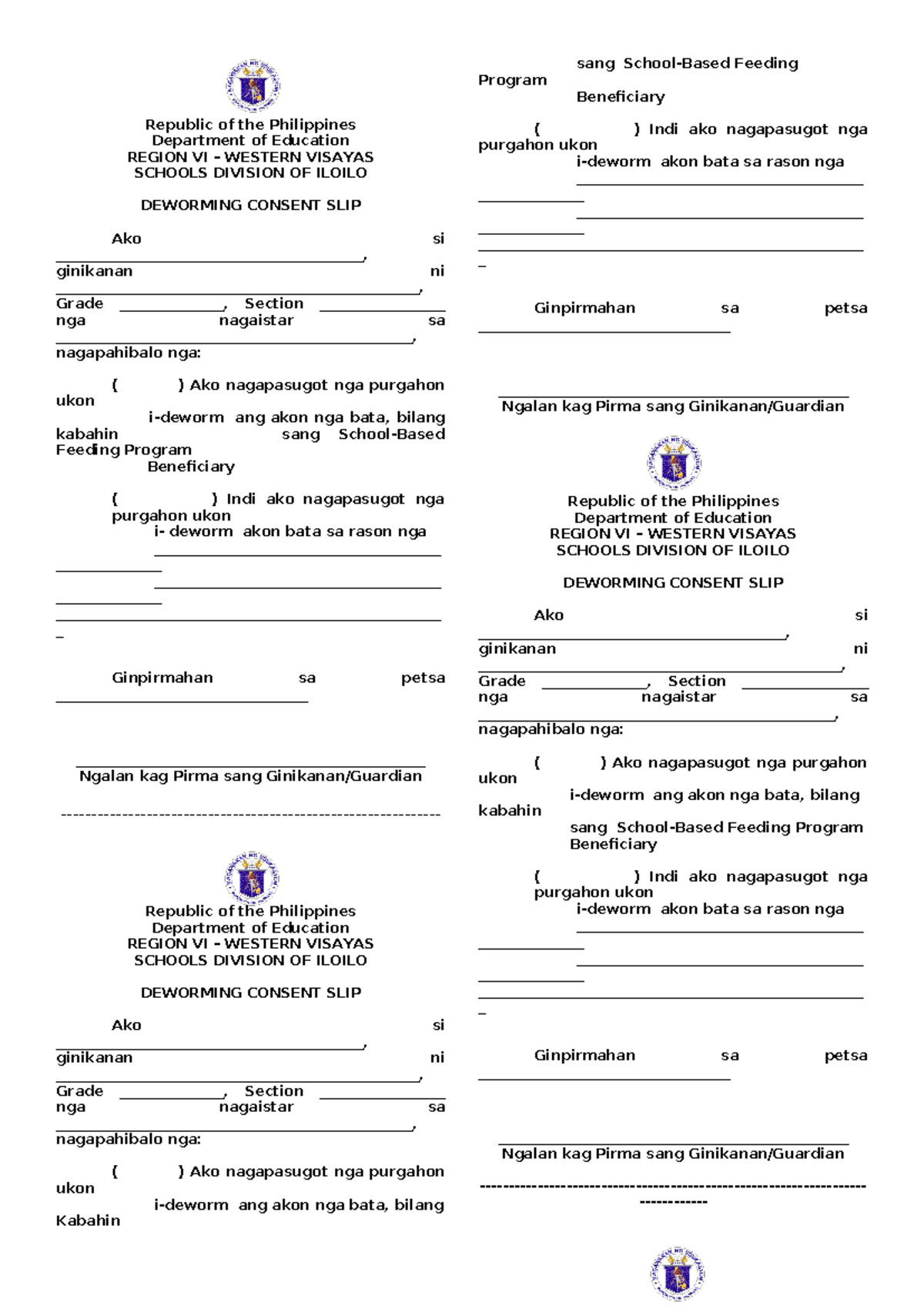 Deworming-SBFP-consent - Republic of the Philippines Department of ...