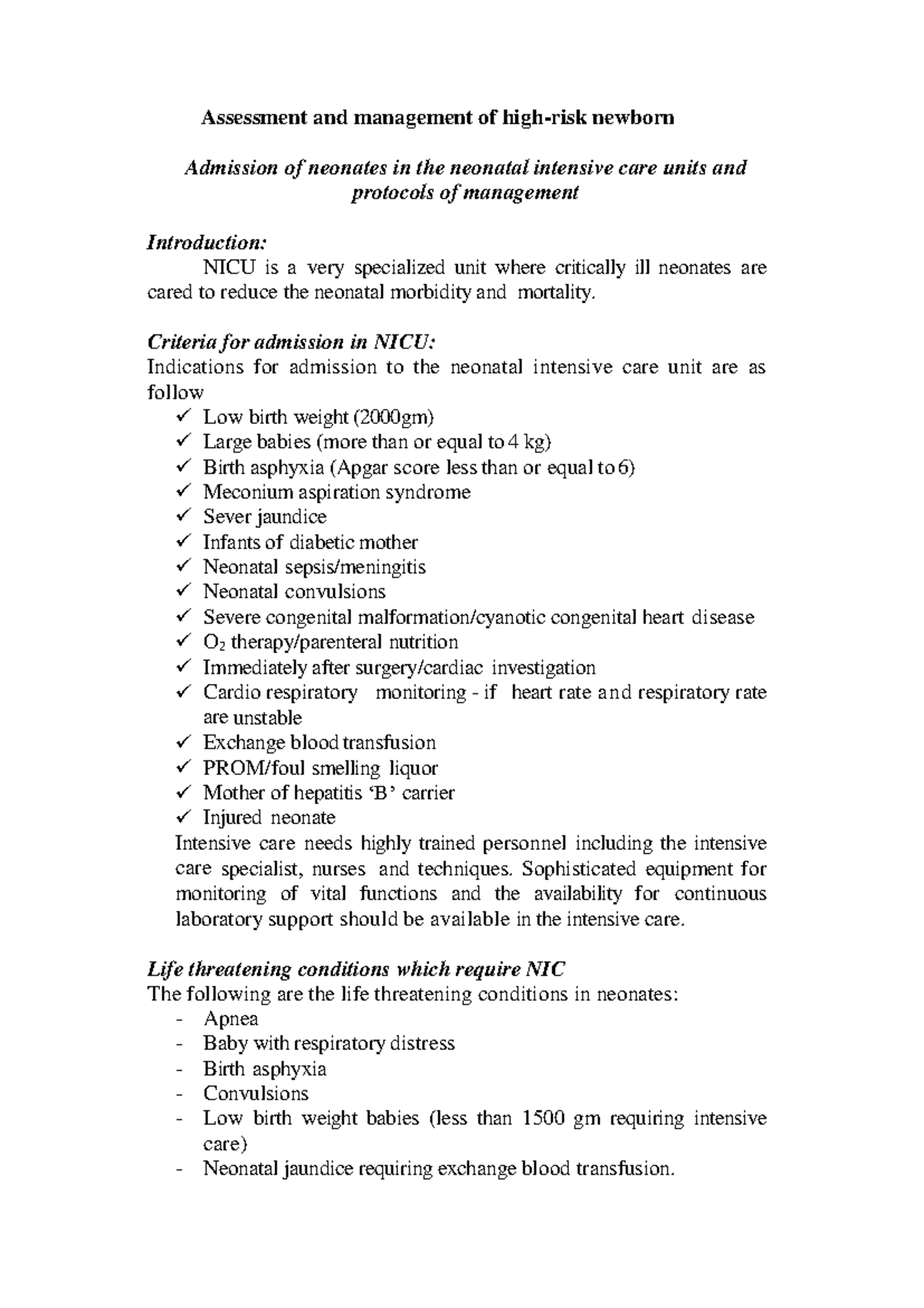 Assessment and management of high risk newborn - Assessment and ...