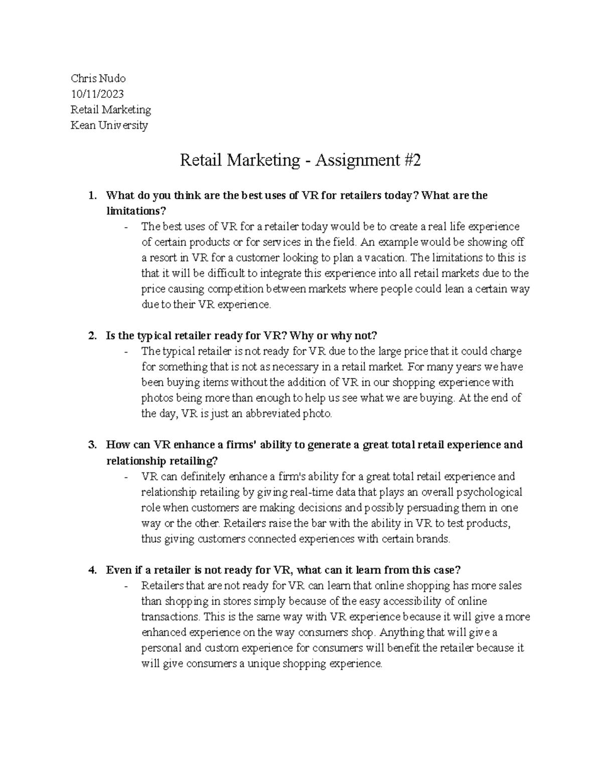 Retail Marketing - Assignment #2 - Chris Nudo 10/11/ Retail Marketing ...