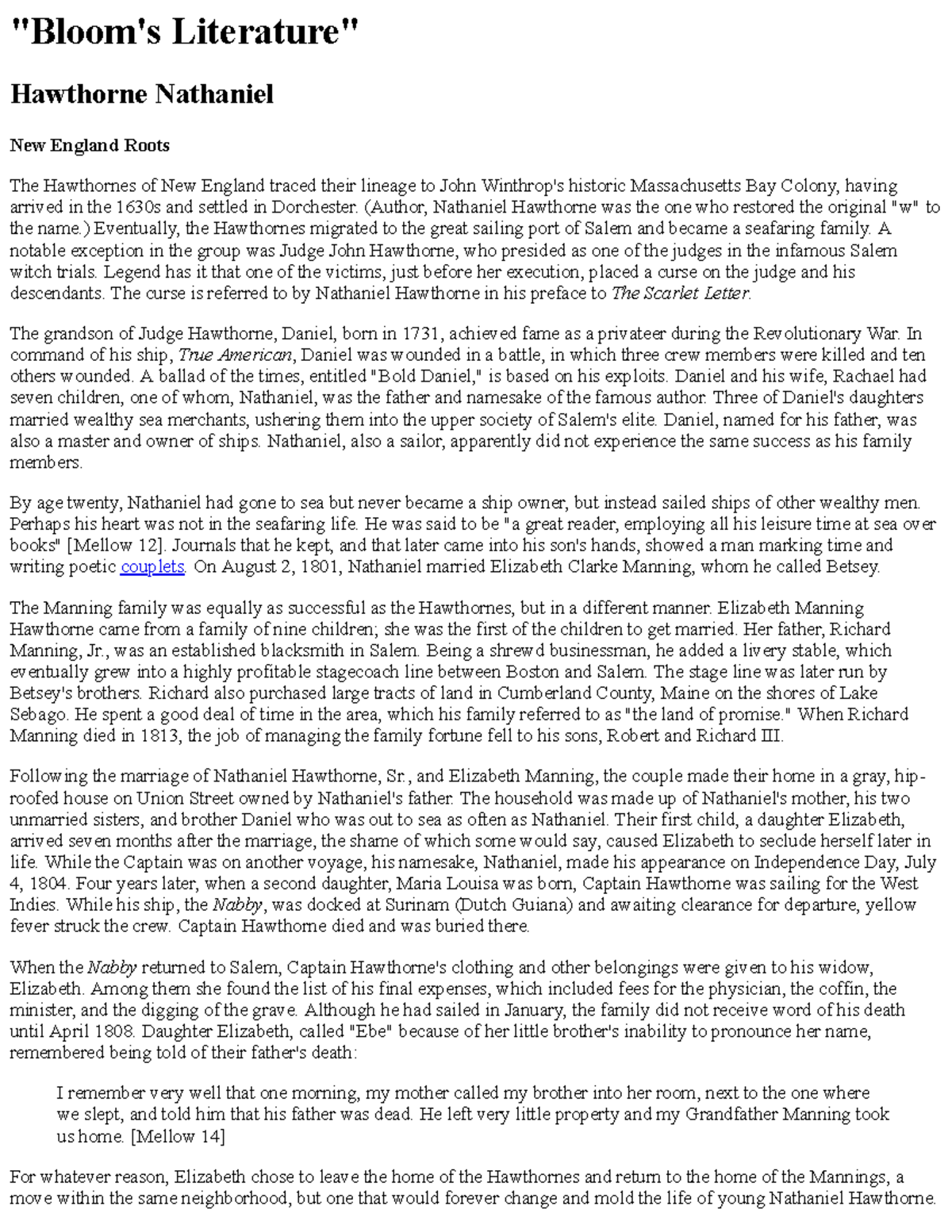 Hawthorne Nathaniel - essay reading - "Bloom's Literature" Hawthorne ...