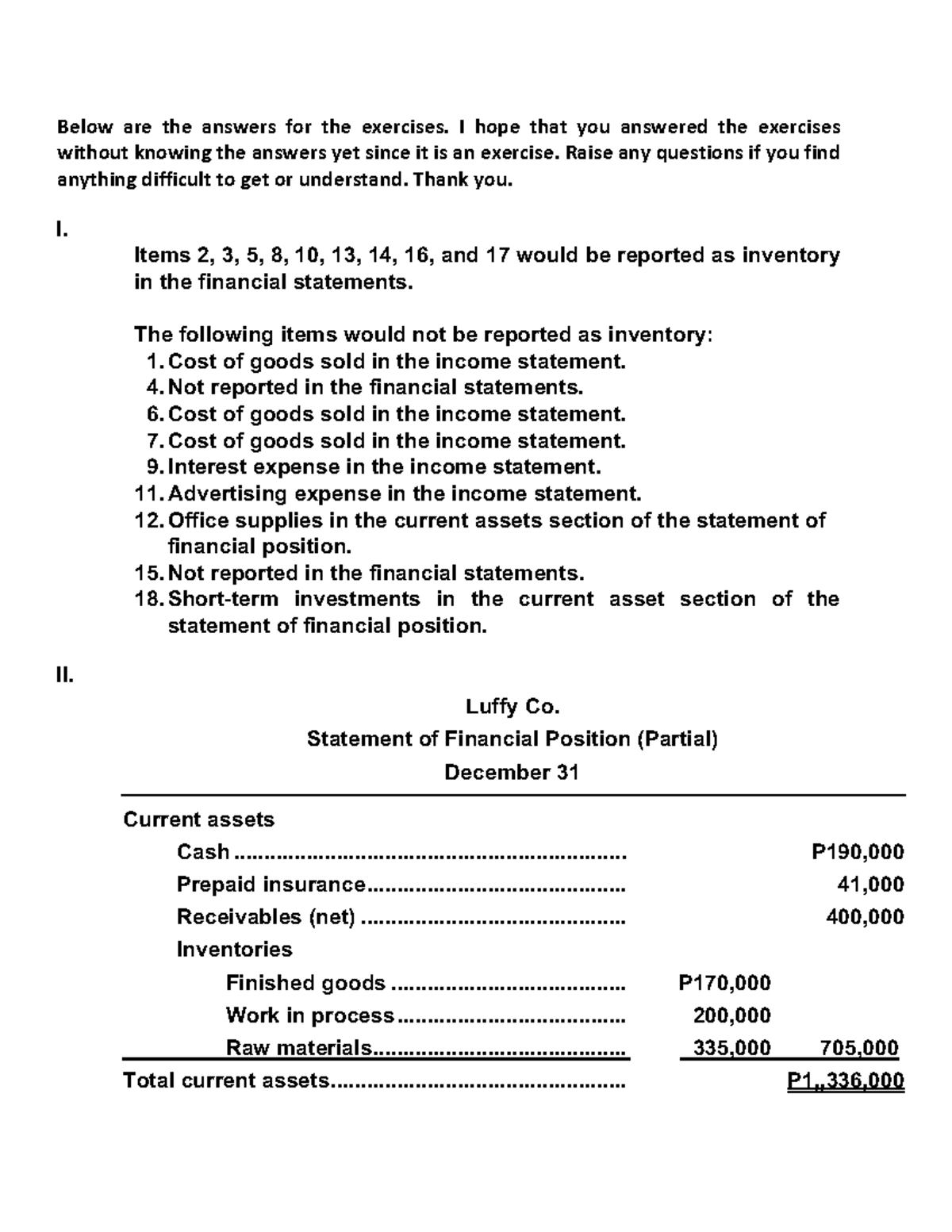 Answer to Exercises on Inventory 1 - Below are the answers for the ...