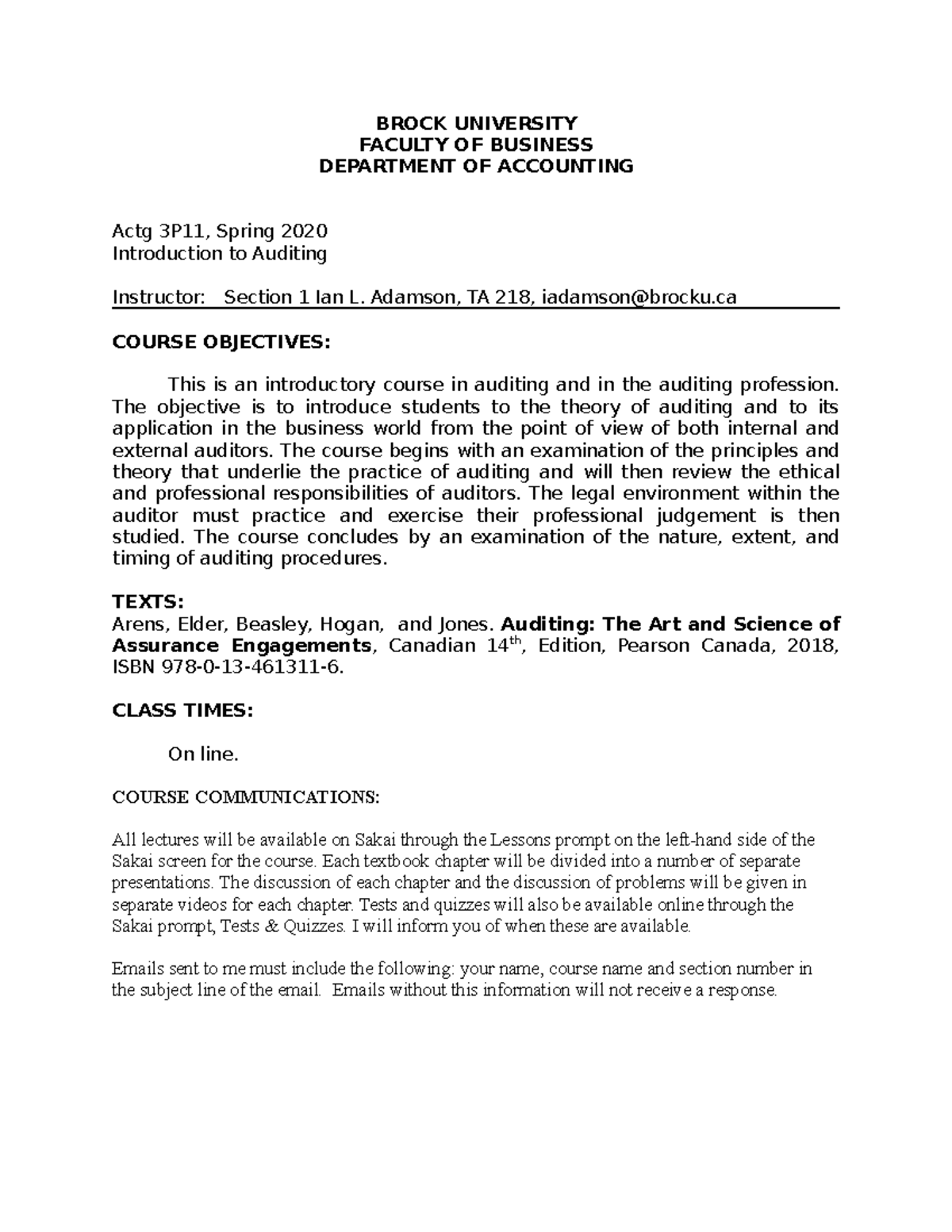 ACTG 3P11 Syllabus 2020 - BROCK UNIVERSITY FACULTY OF BUSINESS DEPARTMENT OF ACCOUNTING Actg ...