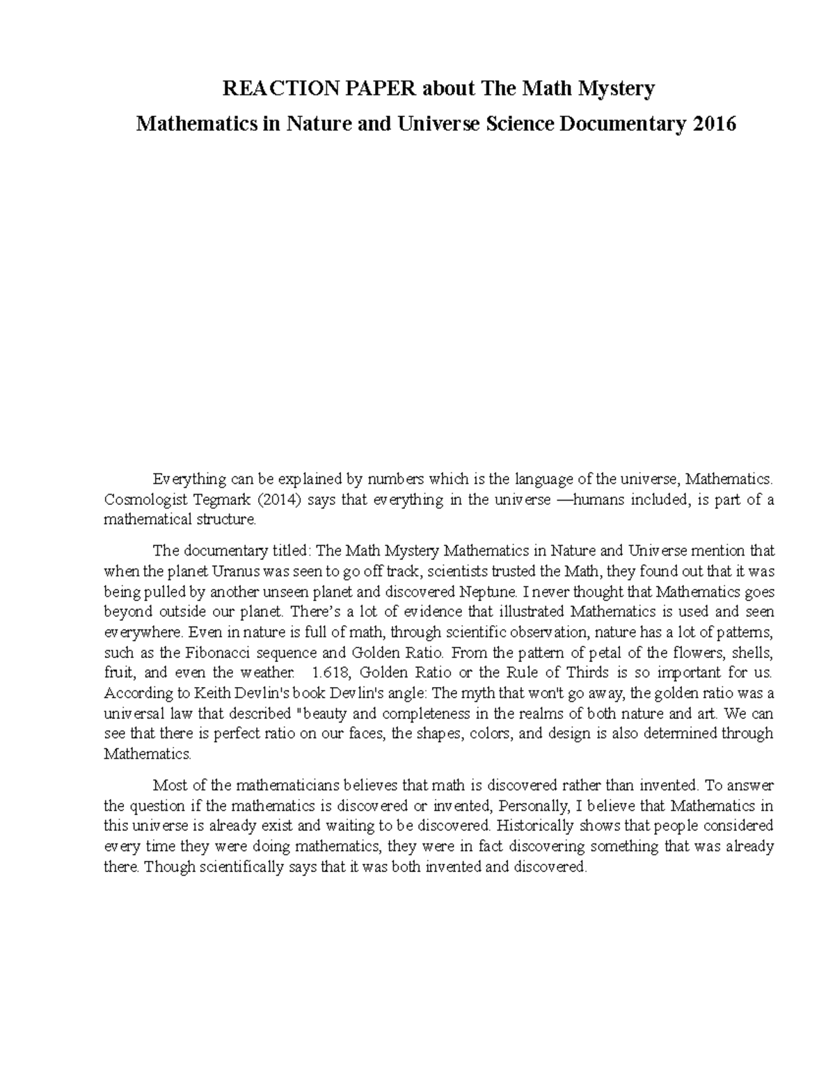 Reaction Paper About The Math Mystery REACTION PAPER About The Math 