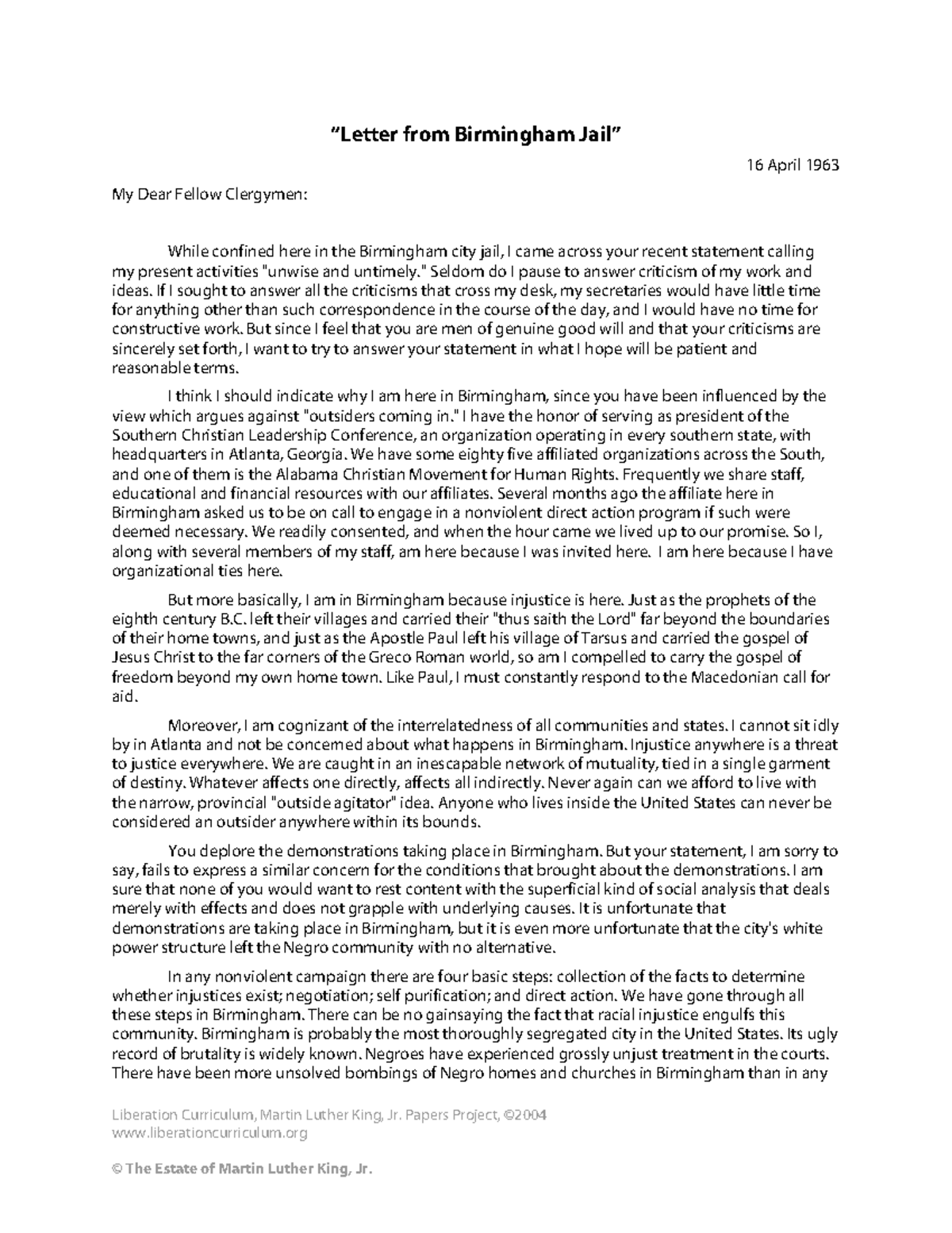 King - Letter from Birmingham Jail - Liberation Curriculum, Martin ...