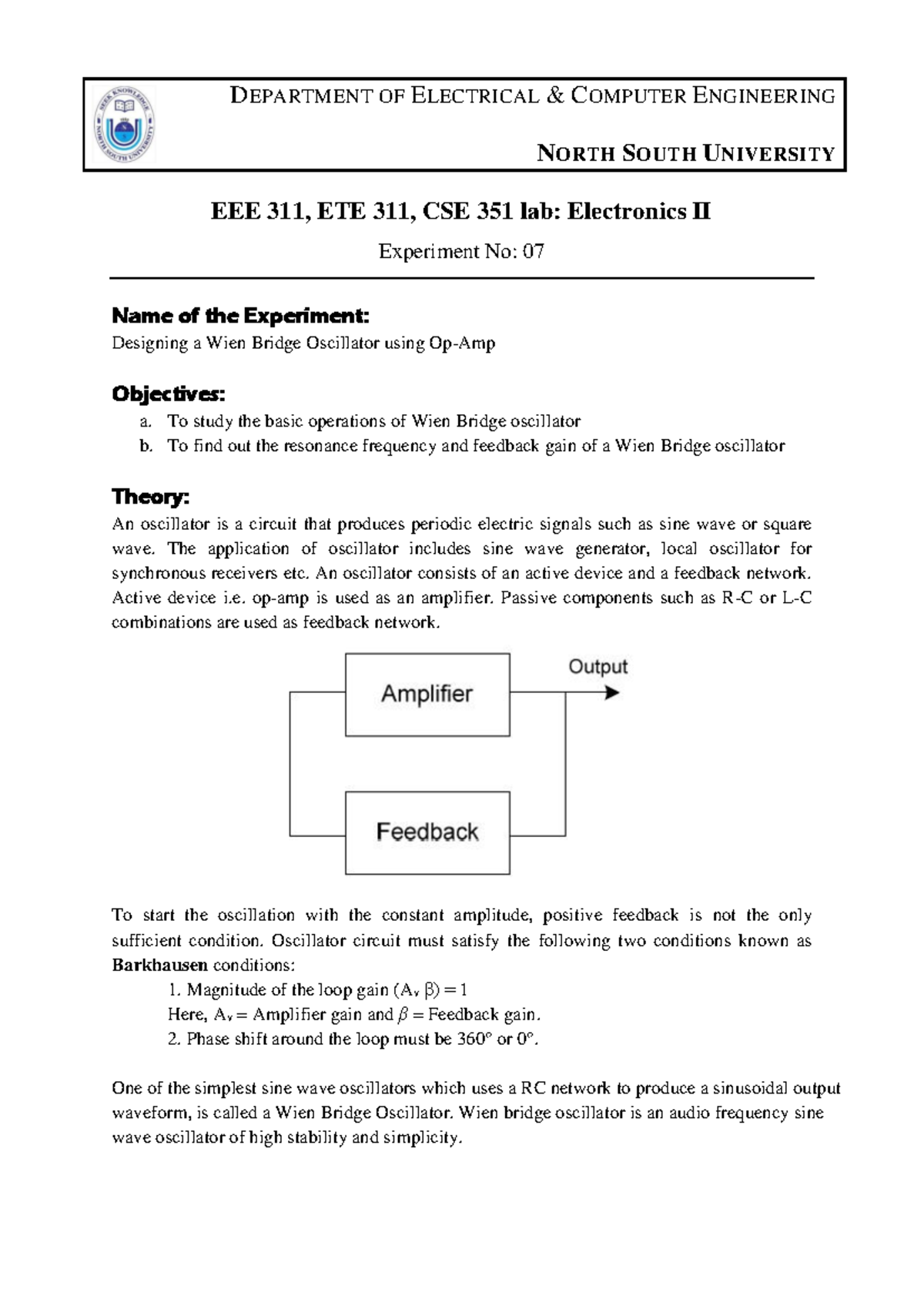 Eee-311-lab-manual-7-RC-oscillator - DEPARTMENT OF ELECTRICAL & COMPUTER ENGINEERING NORTH SOUTH ...