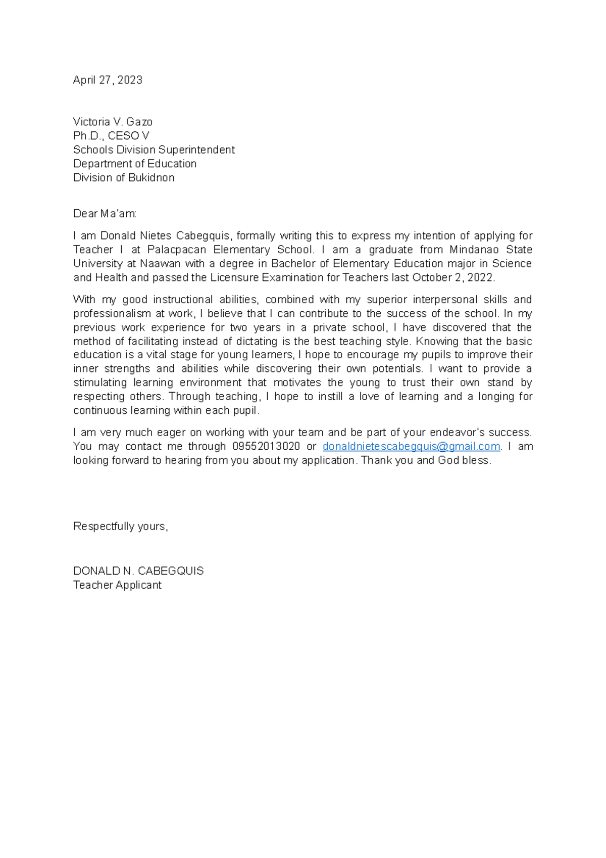 Donald-intent-letter - April 27, 2023 Victoria V. Gazo Ph., CESO V ...