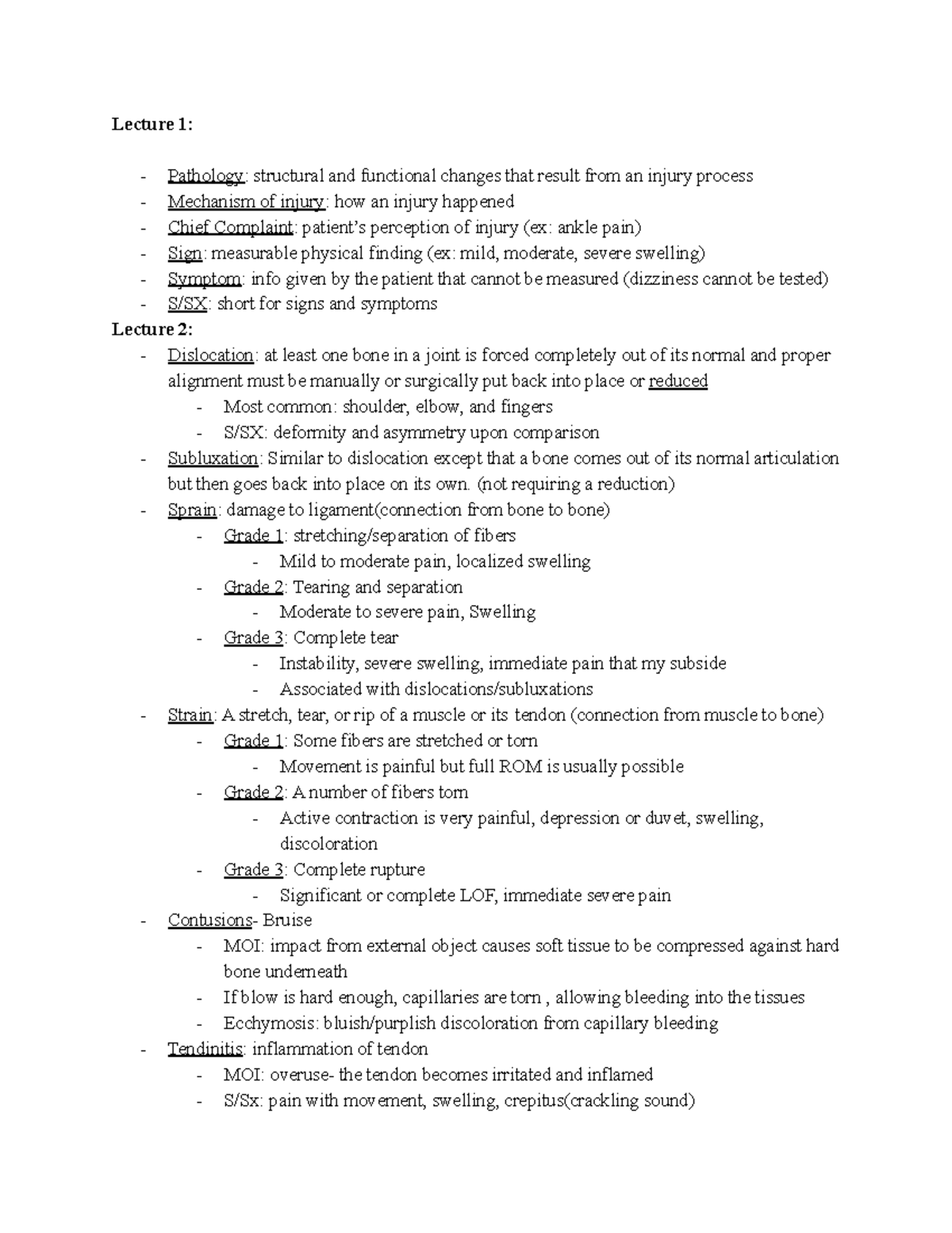 Injury Sport Manegment Notes - Lecture 1: Pathology: structural and ...